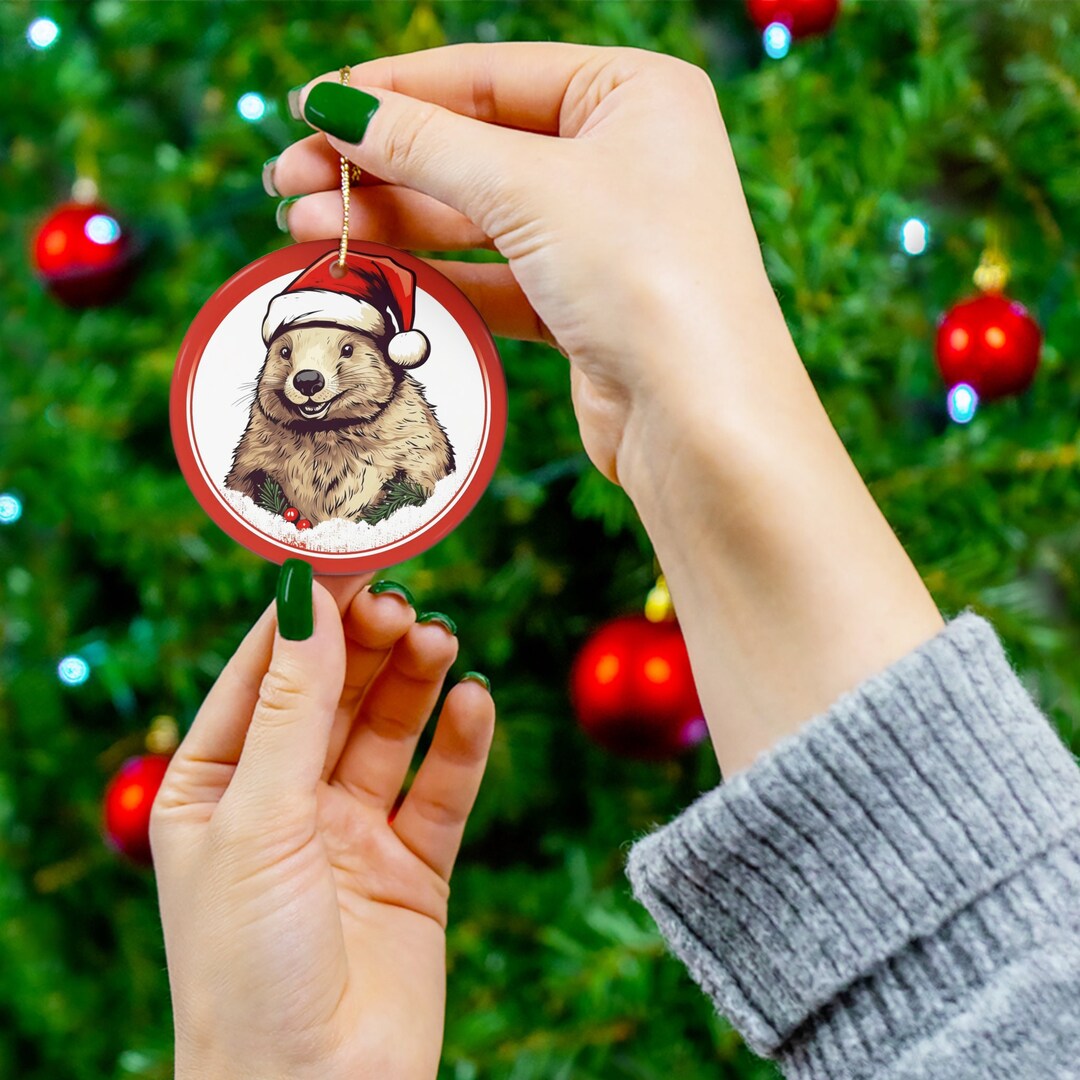 Quokka With Santa Hat Scene 3" Ceramic Ornament, Quokka Ornament, Retro ...