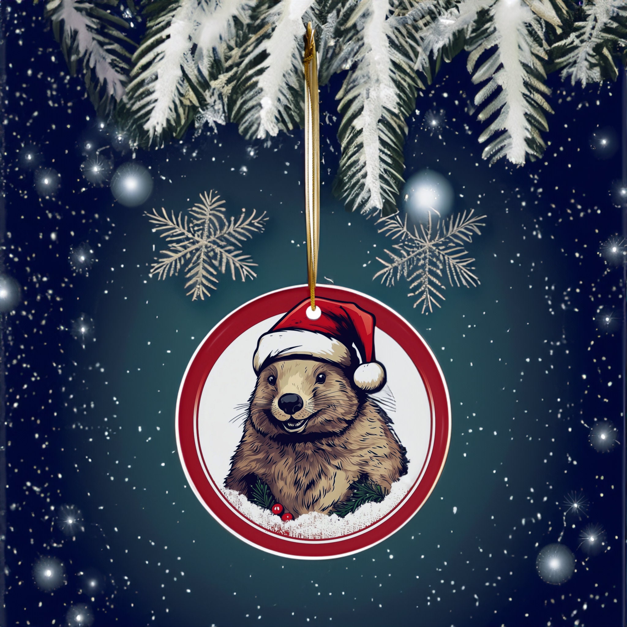 Quokka With Santa Hat Scene 3" Ceramic Ornament, Quokka Ornament, Retro ...