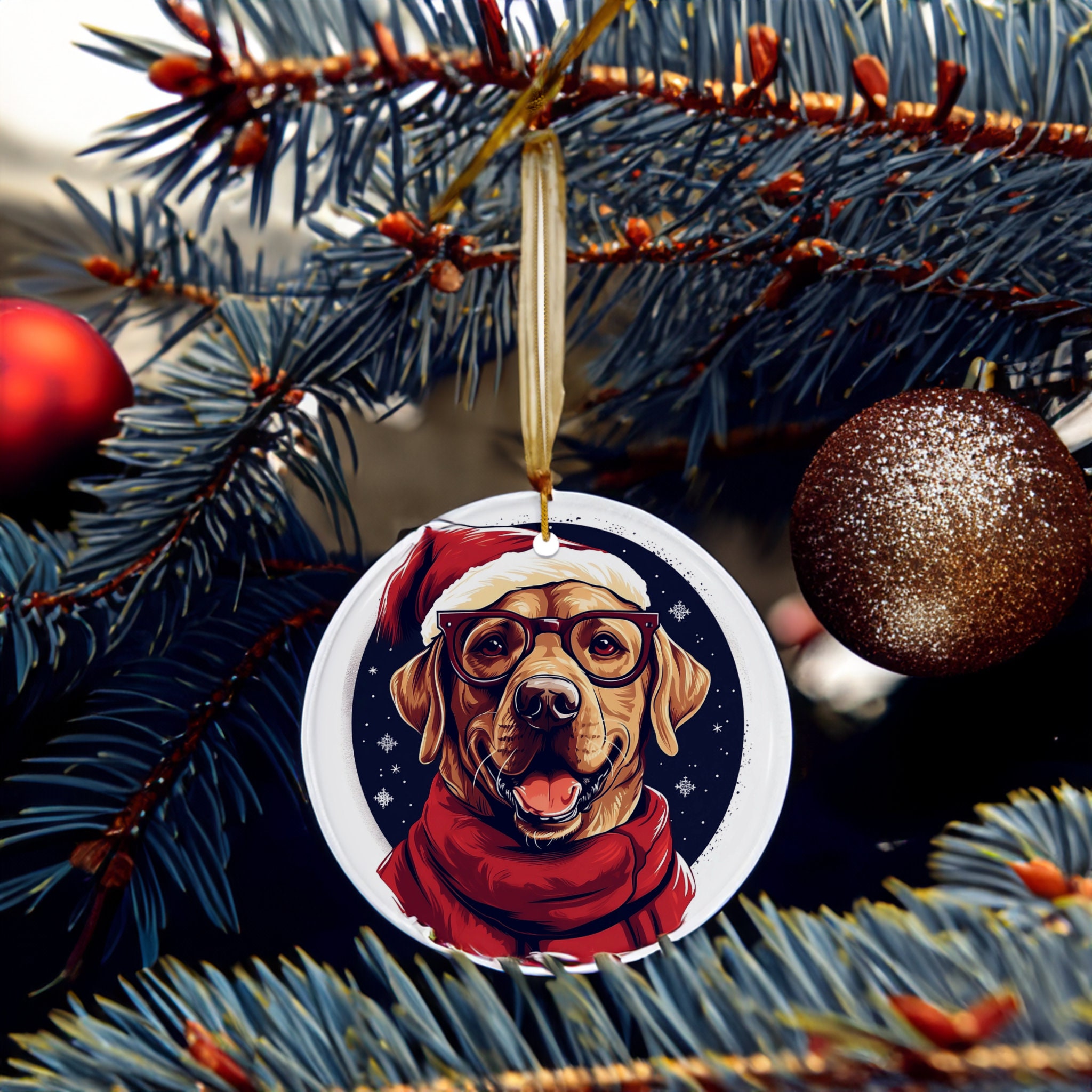 Red Fox Lab With Santa Hat Scene 3" Ceramic Ornament, Red Fox Lab ...
