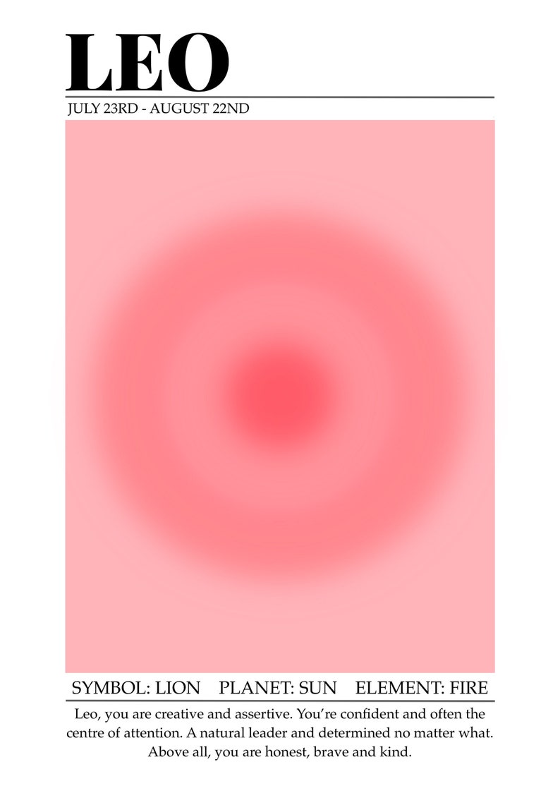 Leo Zodiac Print, Pink Aura Gradient Background Astrology Print, Wall ...