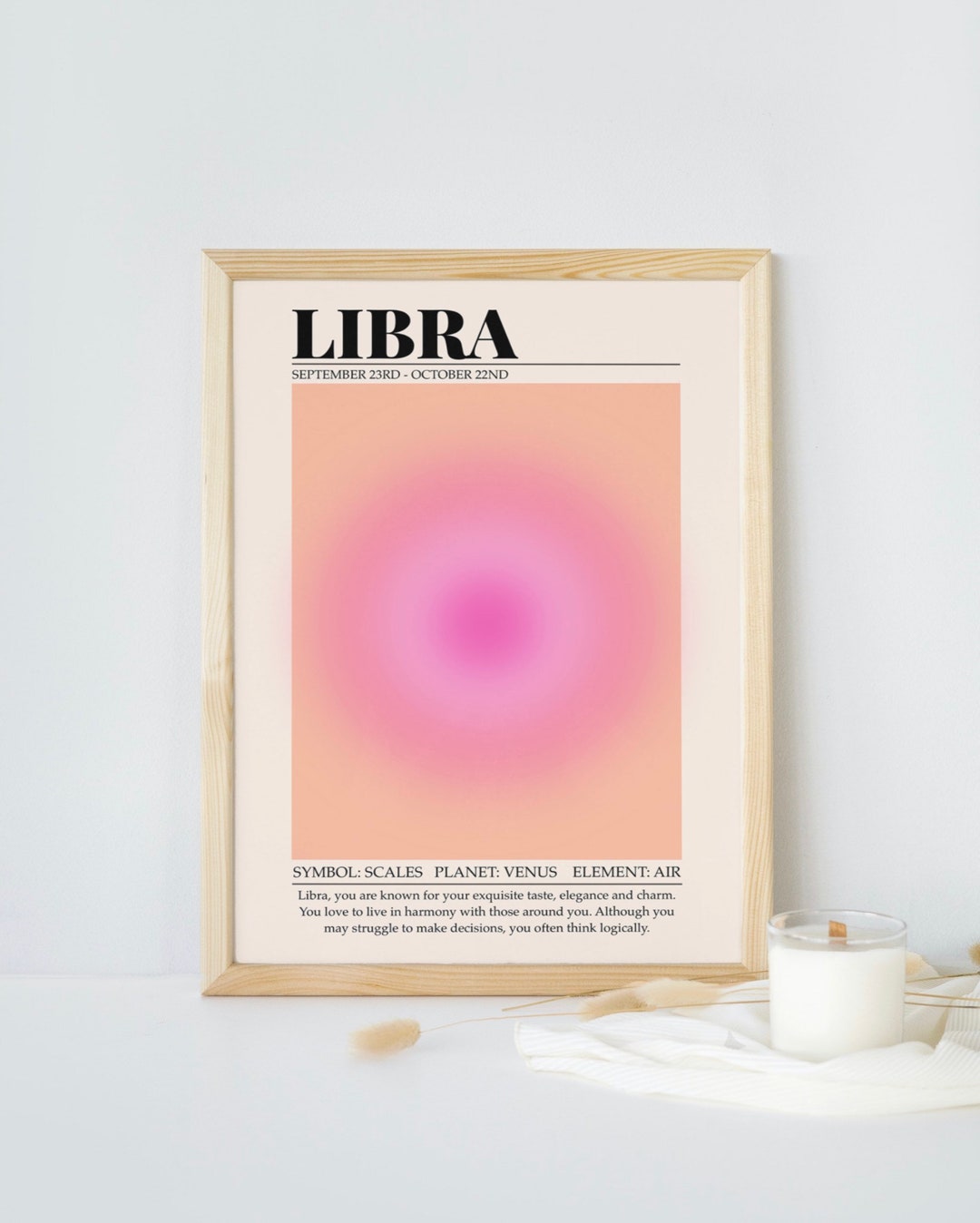 Libra Zodiac Print, Pink Aura Gradient Background Astrology Print, Wall ...