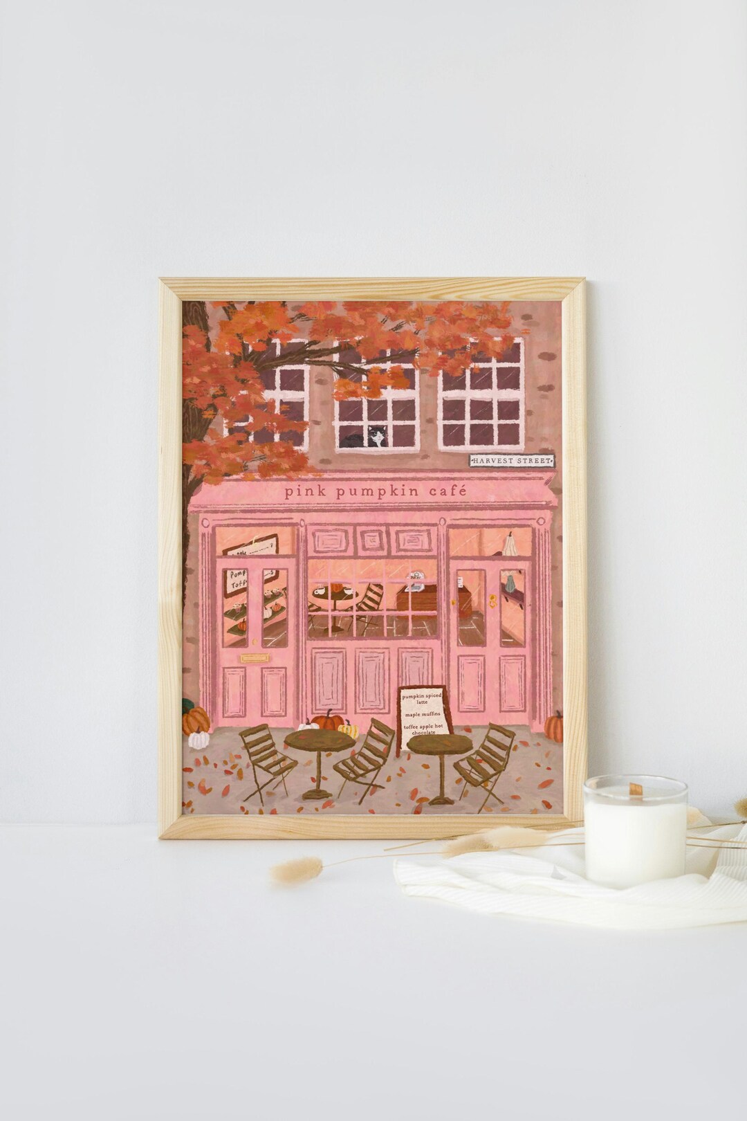 Pink Pumkin Café, Coffee Shop Print, Autumn Café Print, Halloween Print ...