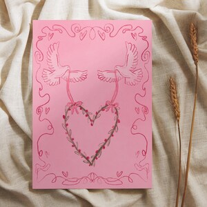 Vintage Doves Valentines Card 5x7inch, Valentines Greeting Card, Vintage Doves Card, Pink ...