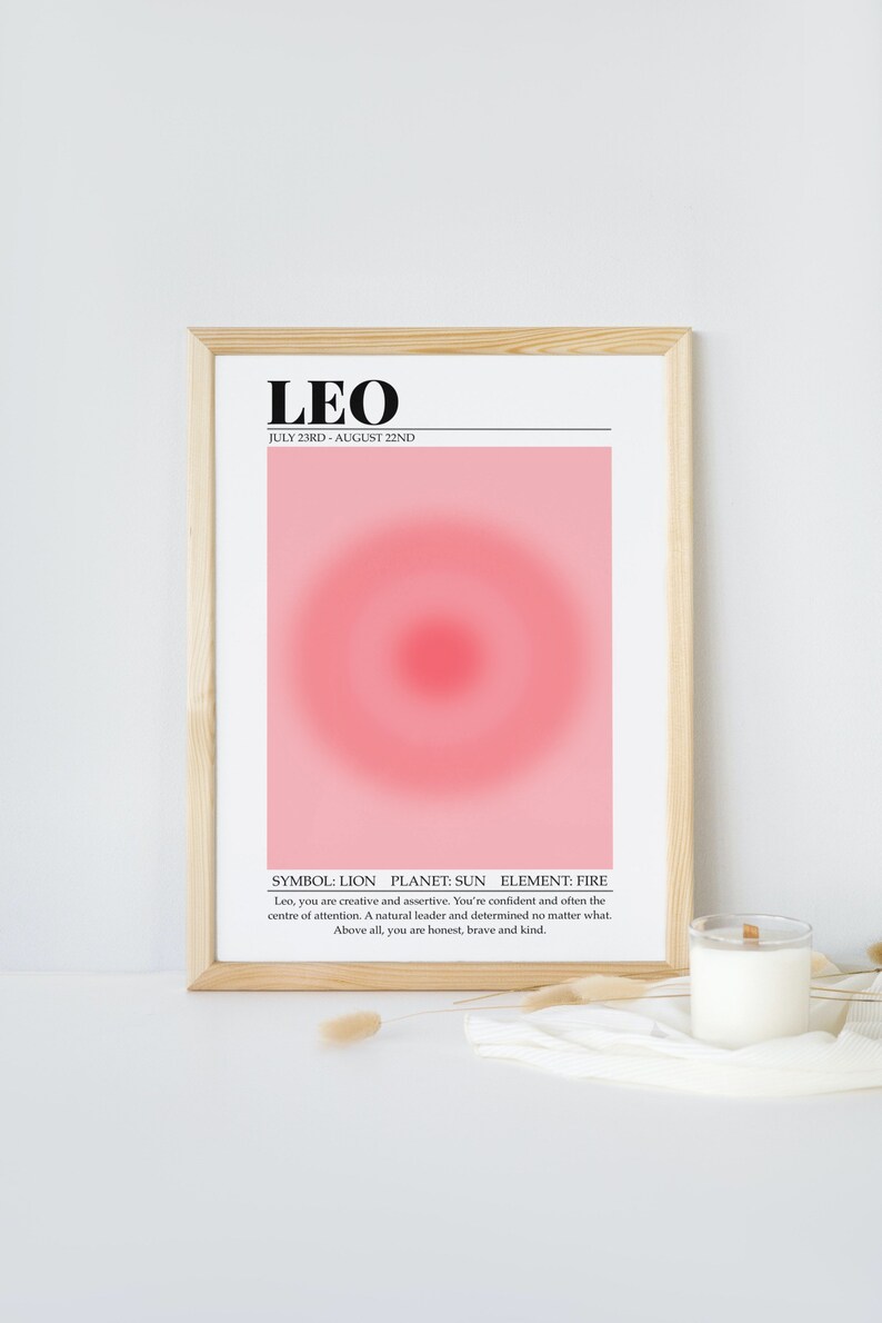 Leo Zodiac Print, Pink Aura Gradient Background Astrology Print, Wall ...