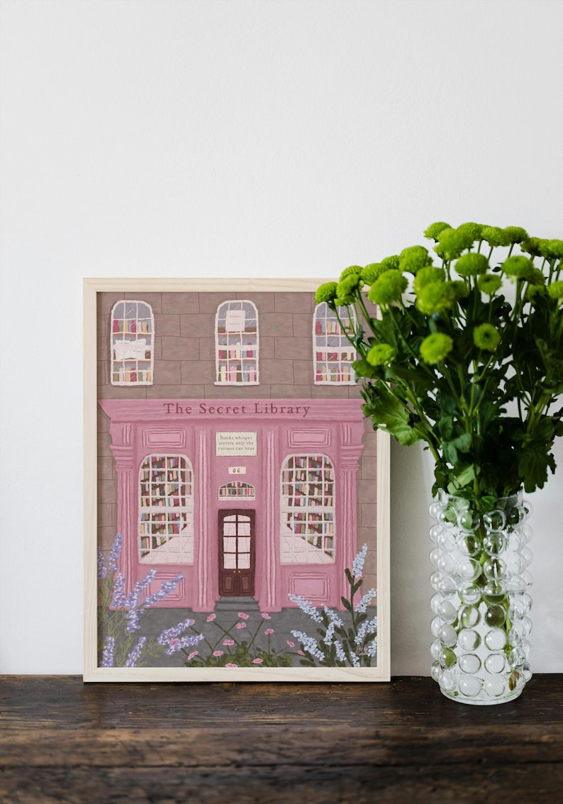 Secret Library Art Print: Whimsical Pink Bookshop, Floral Decor - Etsy