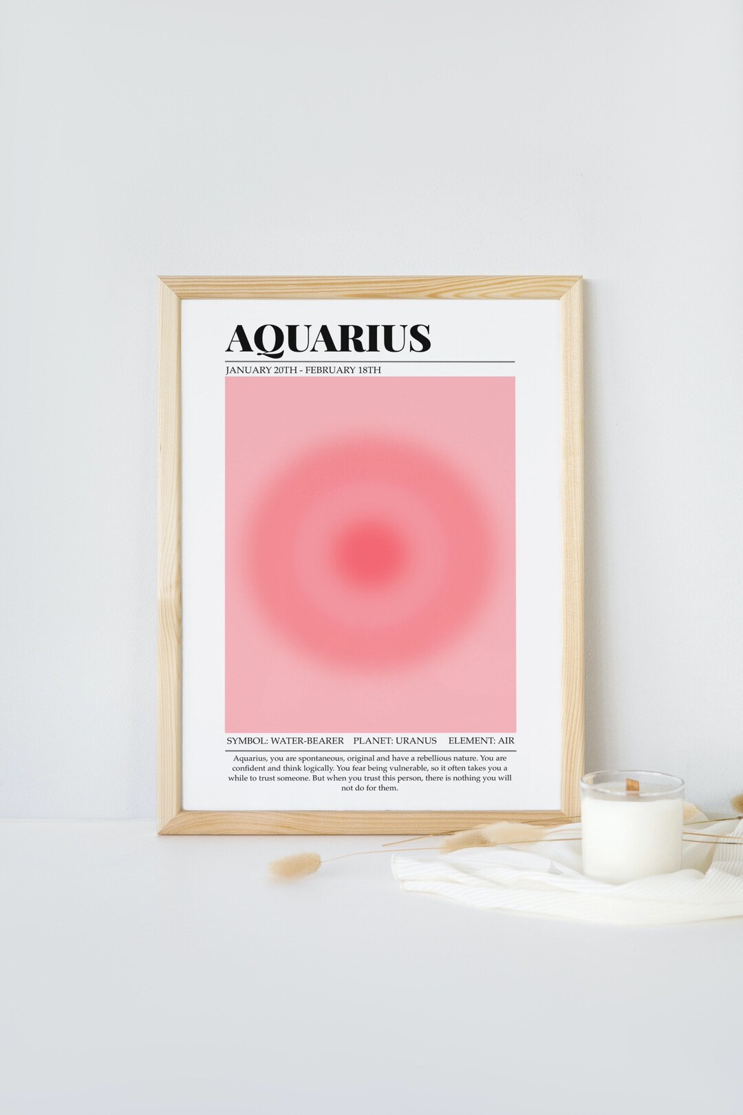 Aquarius Zodiac Print, Pink Aura Gradient Background Astrology Print ...