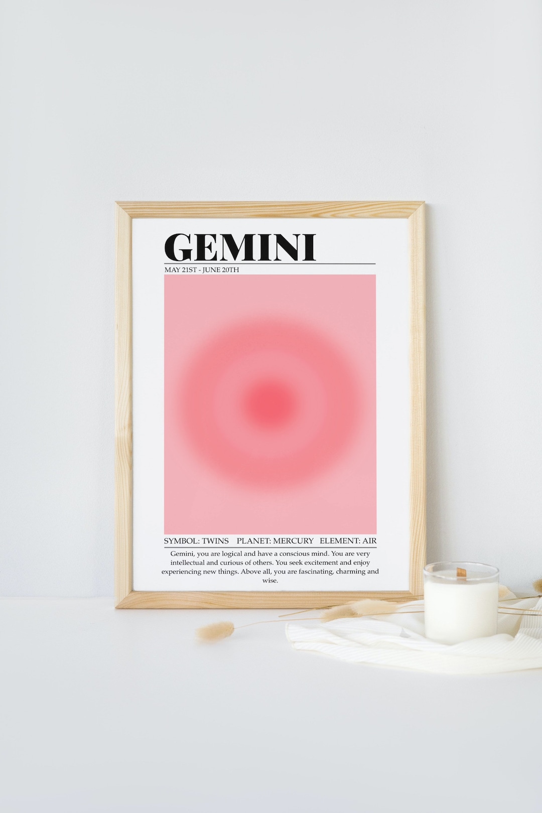 Gemini Zodiac Print, Pink Aura Gradient Background Astrology Print ...