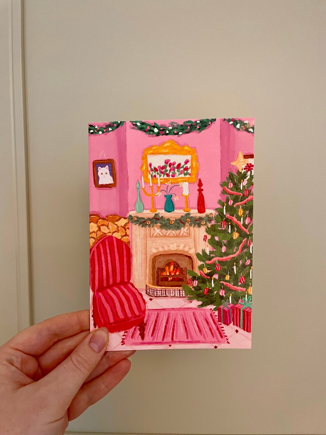 Christmas Scene Card 5x7inch, Xmas Card, Pink Christmas Living Room ...