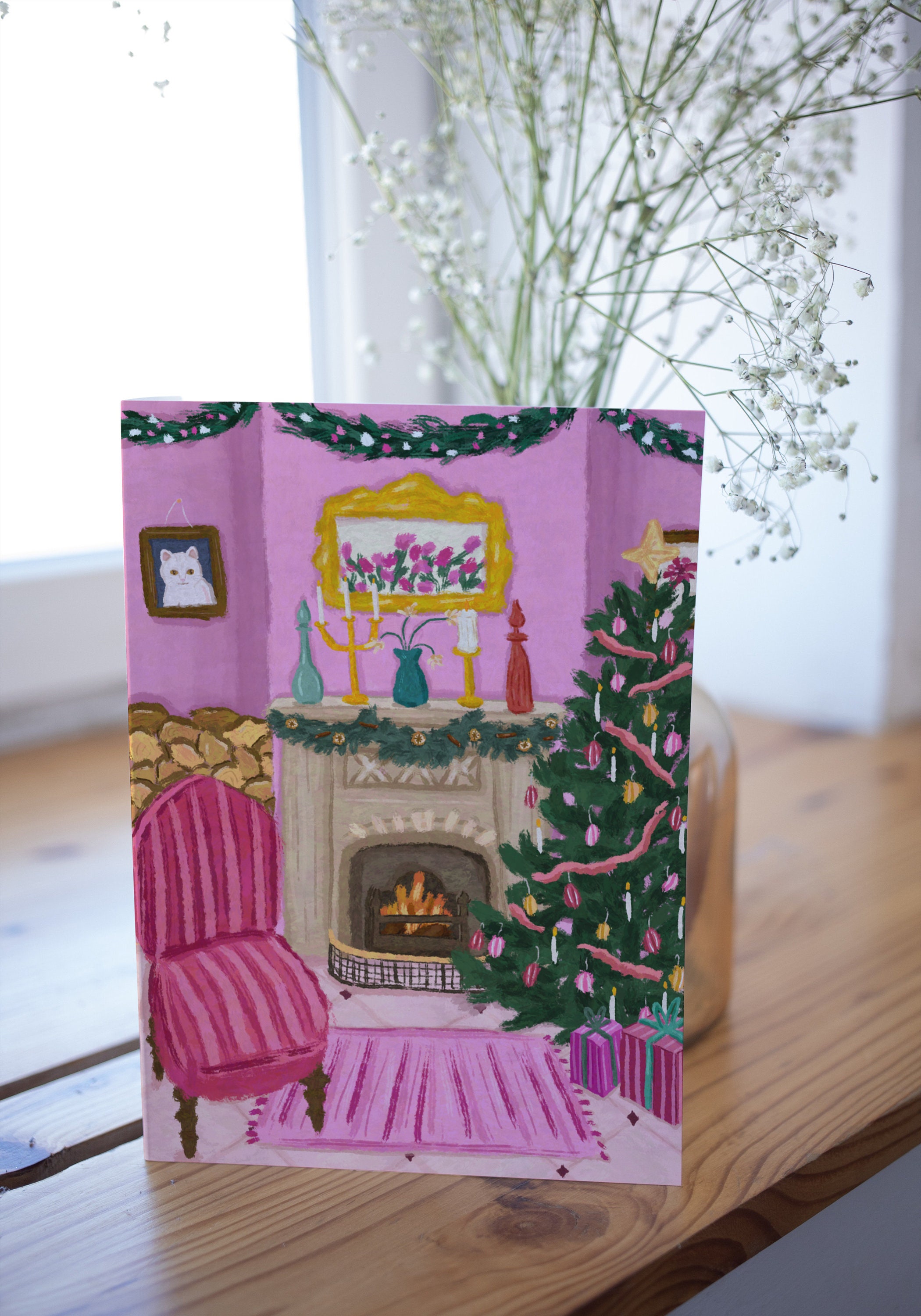 Christmas Scene Card 5x7inch Xmas Card Pink Christmas Living - Etsy