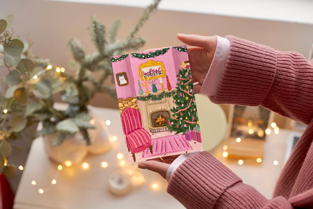 Christmas Scene Card 5x7inch Xmas Card Pink Christmas Living - Etsy