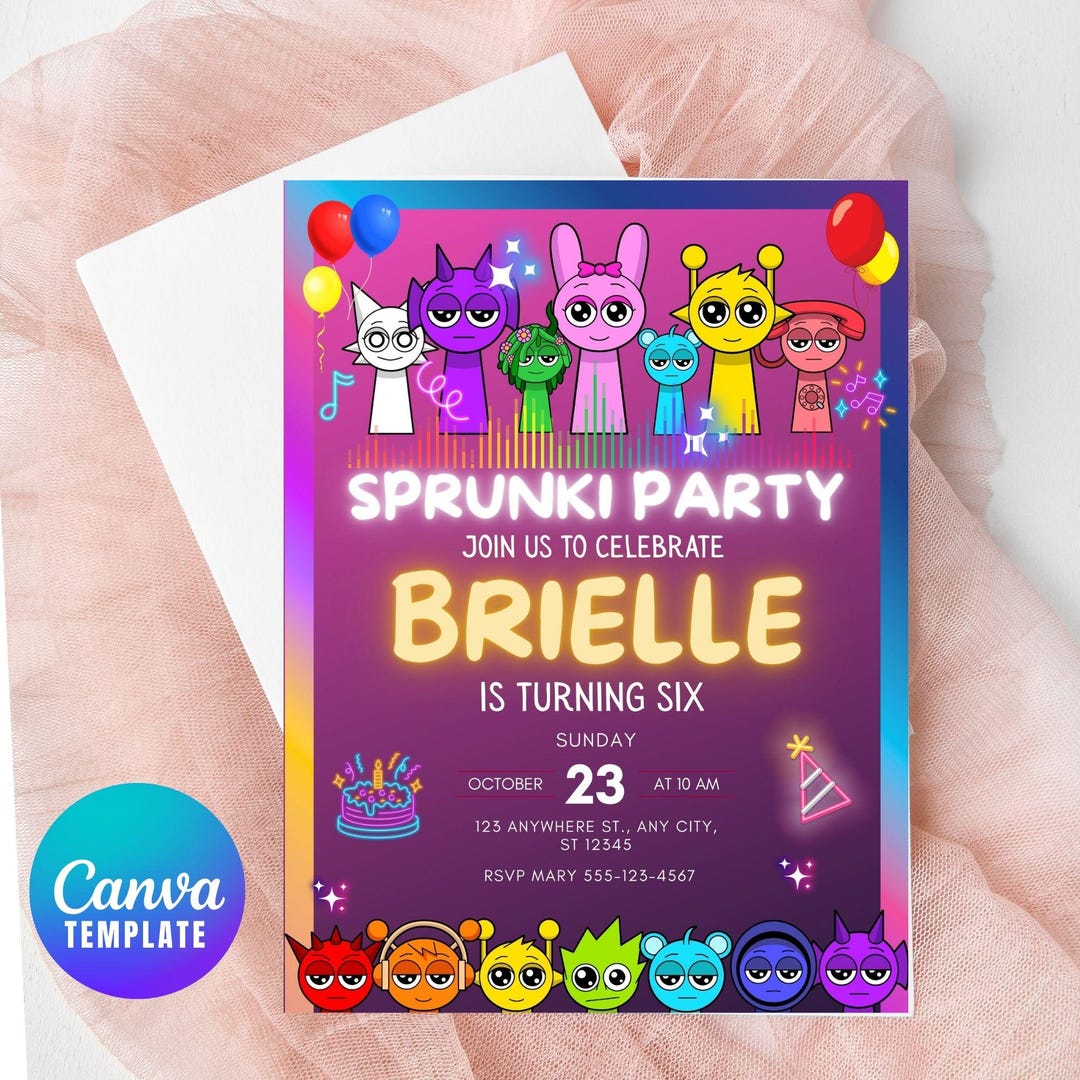 Customizable Sprunki Girls Pink Birthday Invitation | Colorful ...