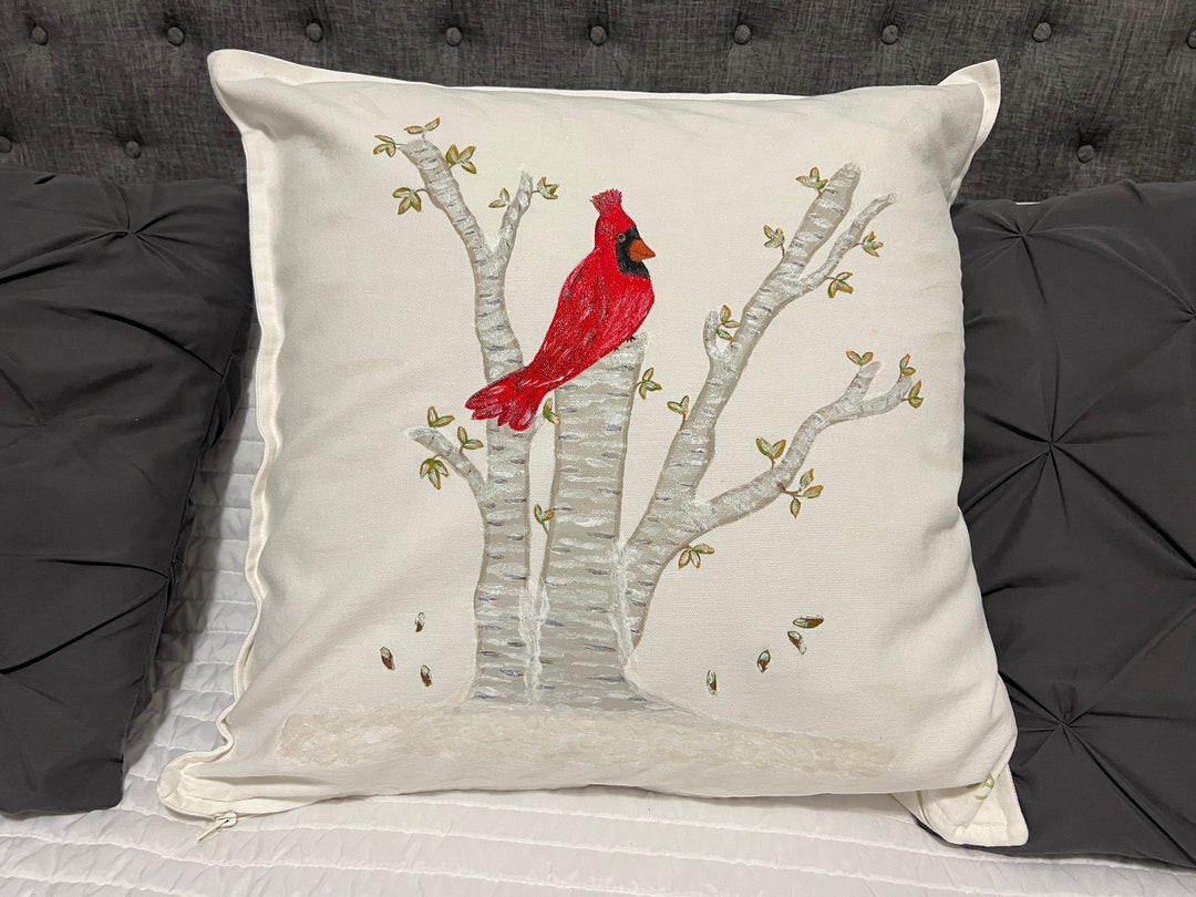 Red Cardinal Throw Pillow, Hand-painted Pillow Cover, Winter Cardinal ...
