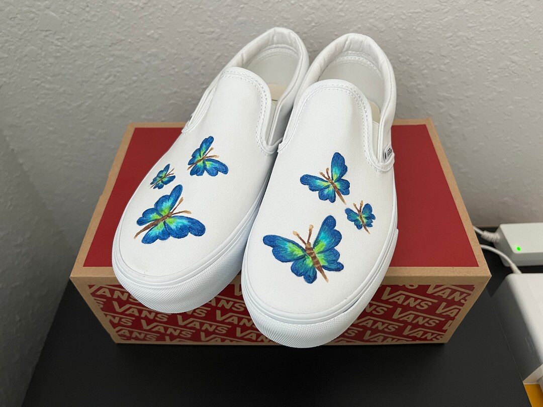 Hand-painted Blue Butterfly Vans Slip-on Sneakers, Custom Painted ...