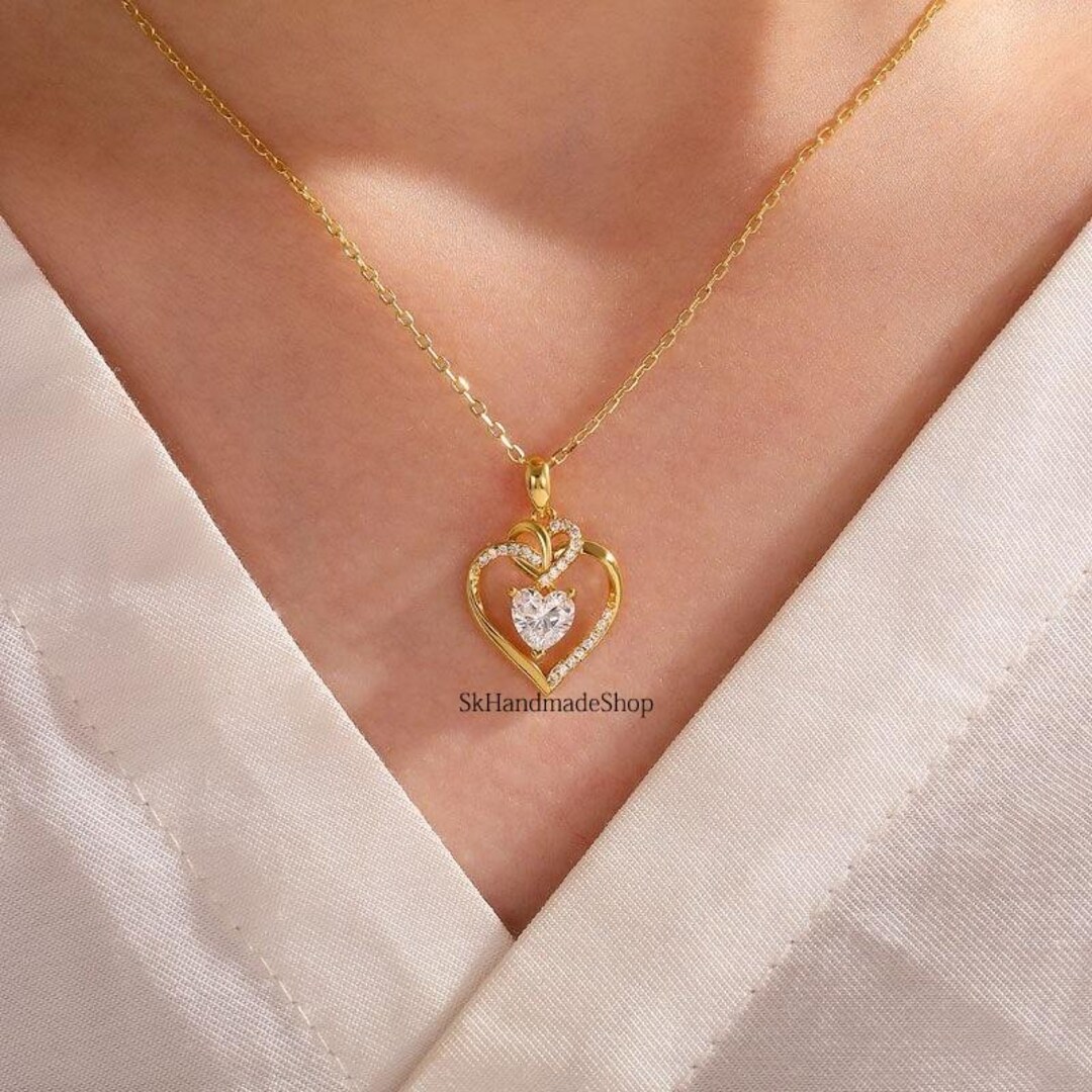 Interlock Double Heart Shaped Pendant, Partial Pave Set Diamond Pendant ...