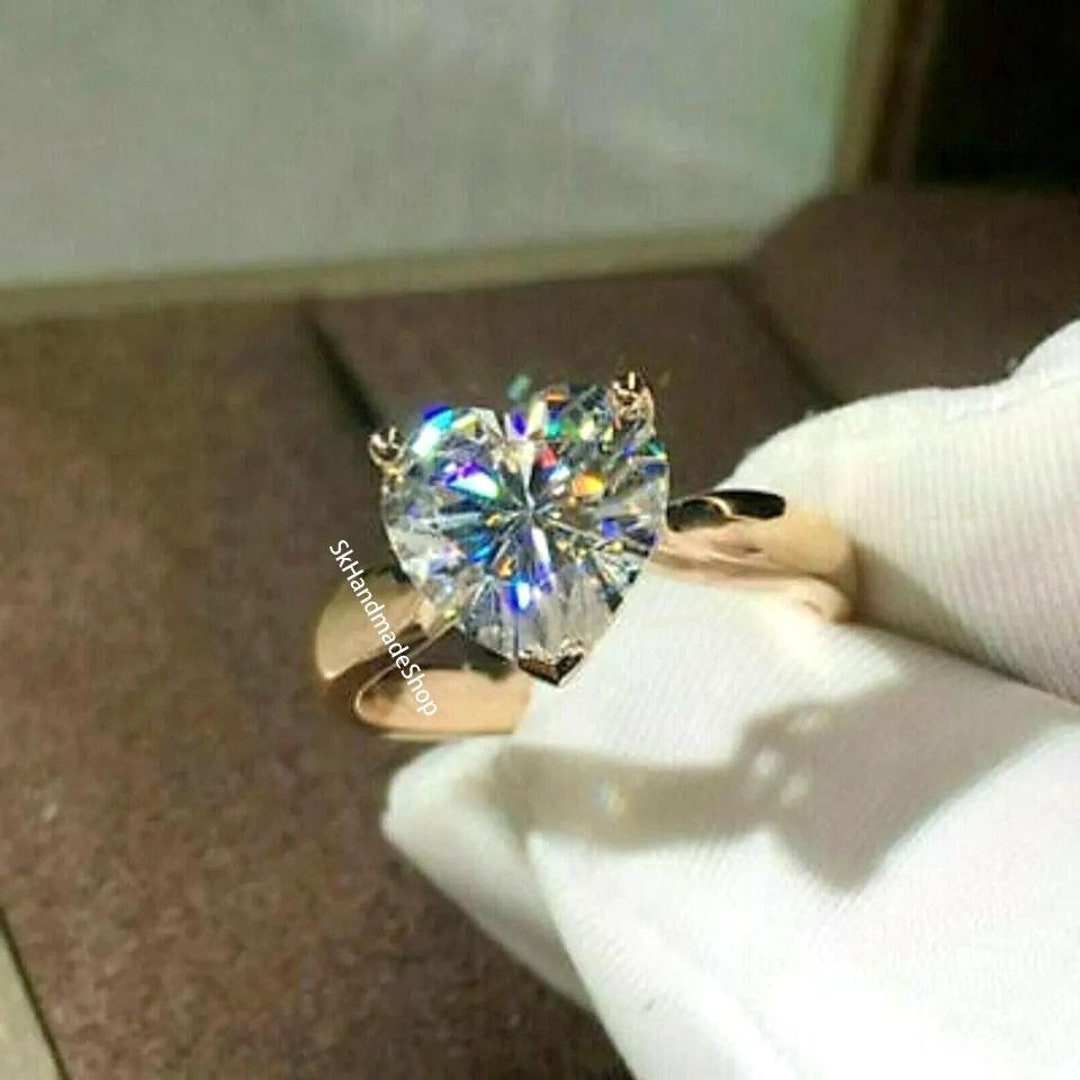 2 CT Heart Cut Moissanite Pinched Shank Ring, 10k Yellow Gold Wide Band ...