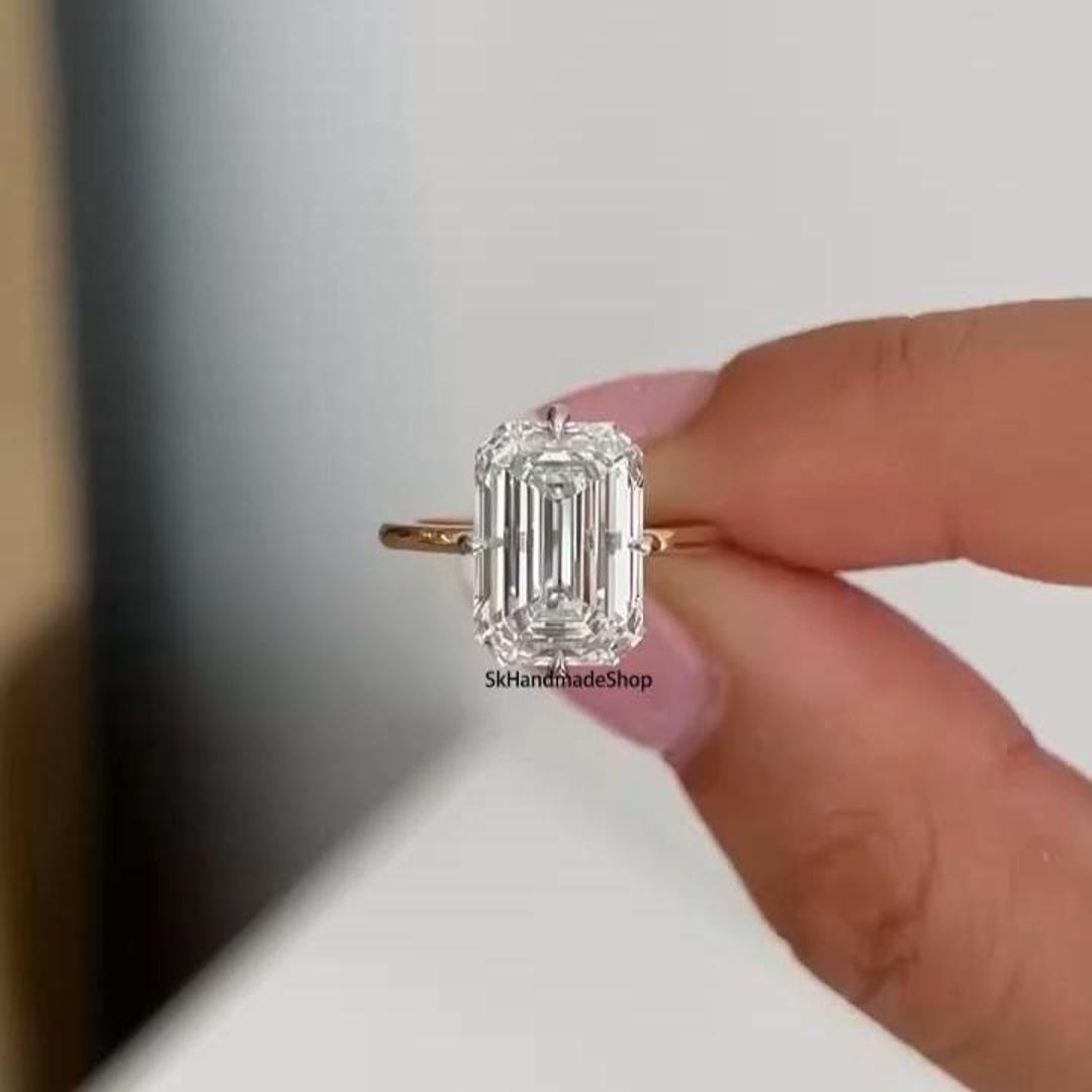 Beautiful Compass Prong Set Solitaire Diamond Ring, 12x8 MM Emerald Cut ...