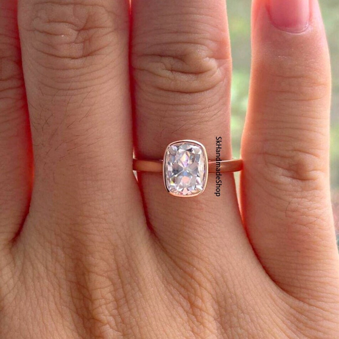 2.50 CT Old Mine Elongated Cushion Cut Moissanite Ring, Bezel Set ...