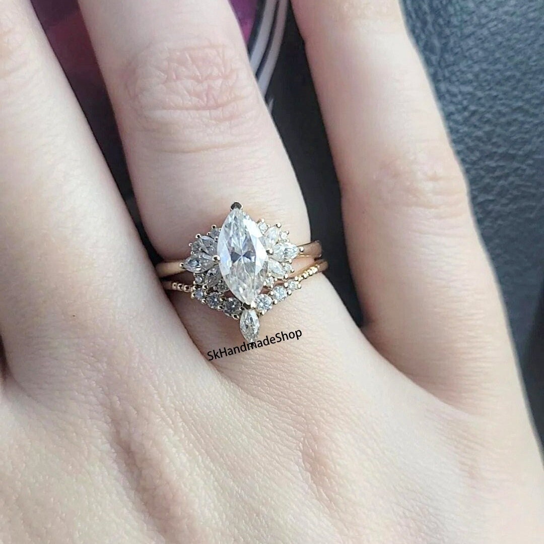 Vintage Cluster Diamond Engagement Ring, Marquise Cut Moissanite Bridal ...