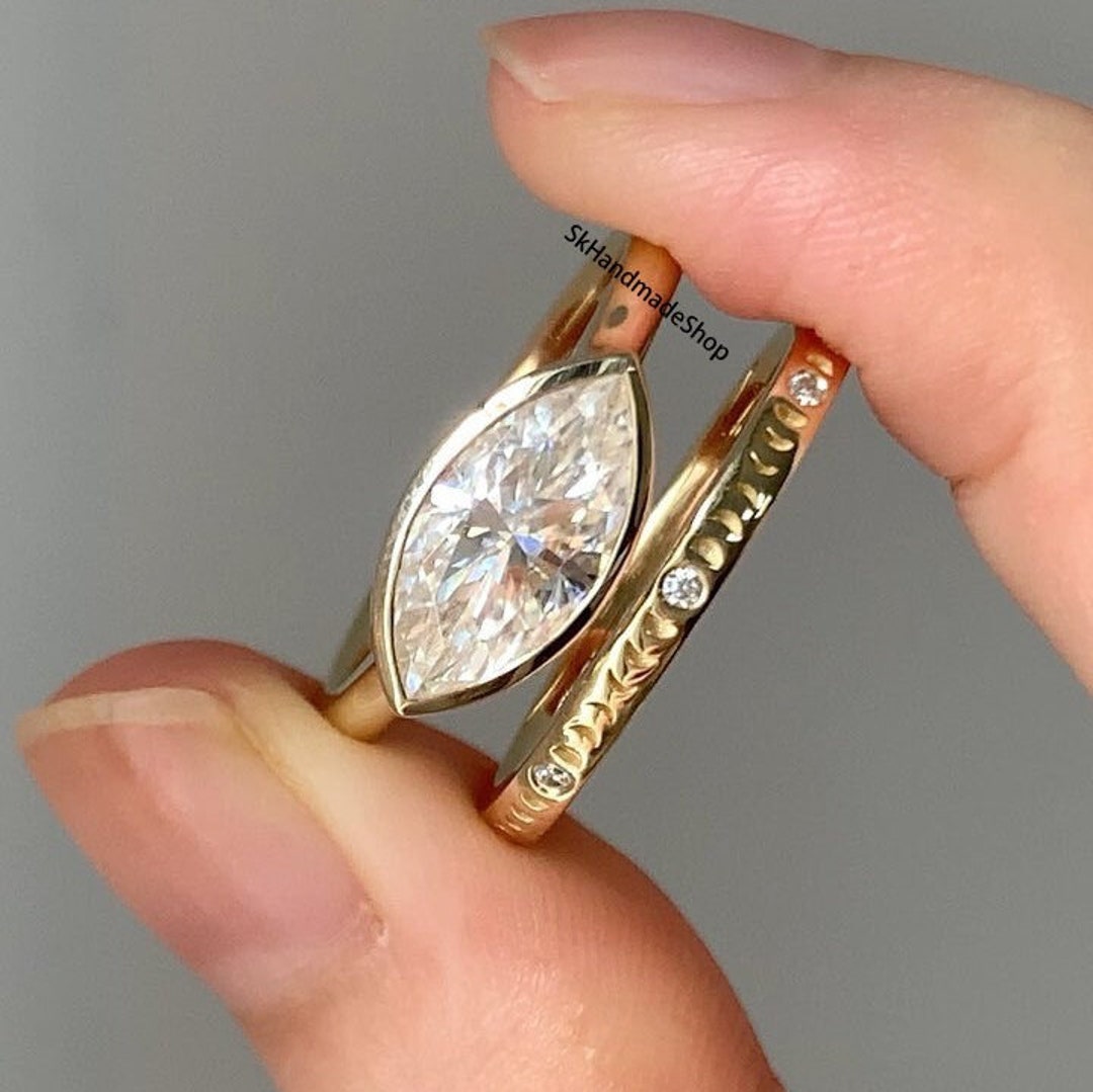 Bezel Set Bridal Ring Set, East to West Marquise Cut Moissanite ...