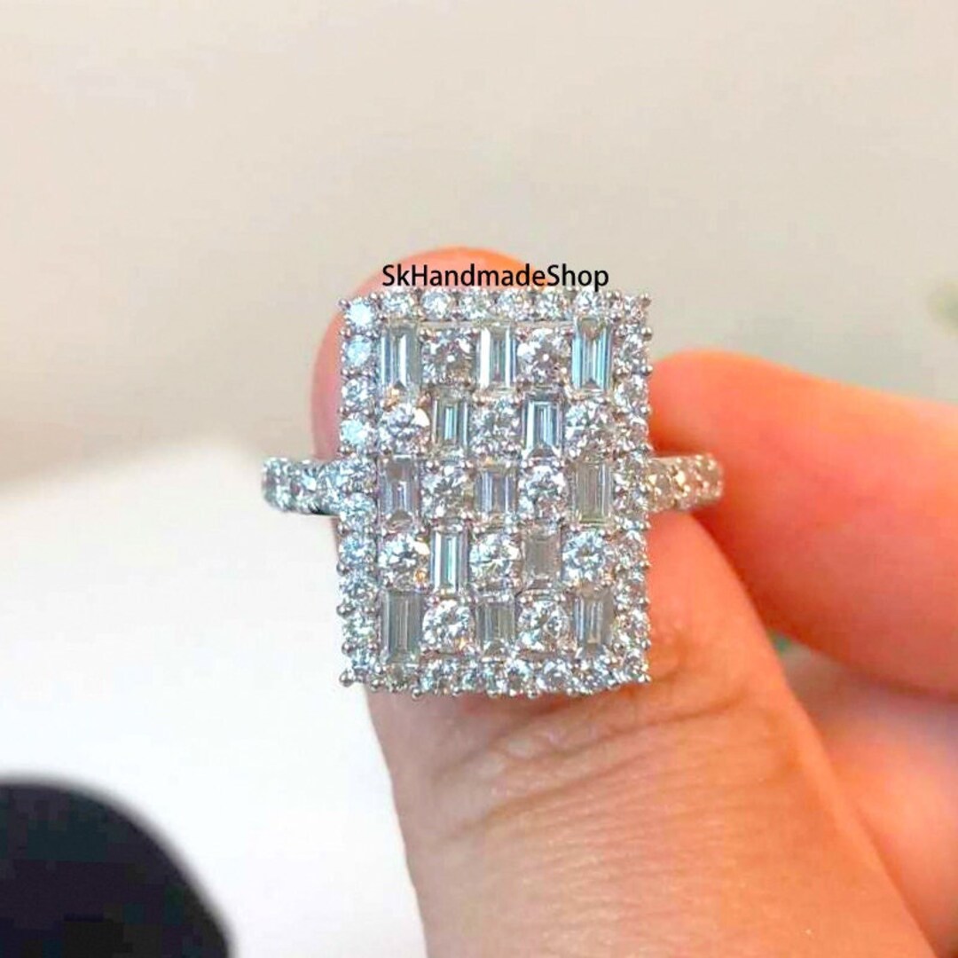 Rectangle Shape Ring, Baguette and Round Cut Lab Grown Diamond Ring ...