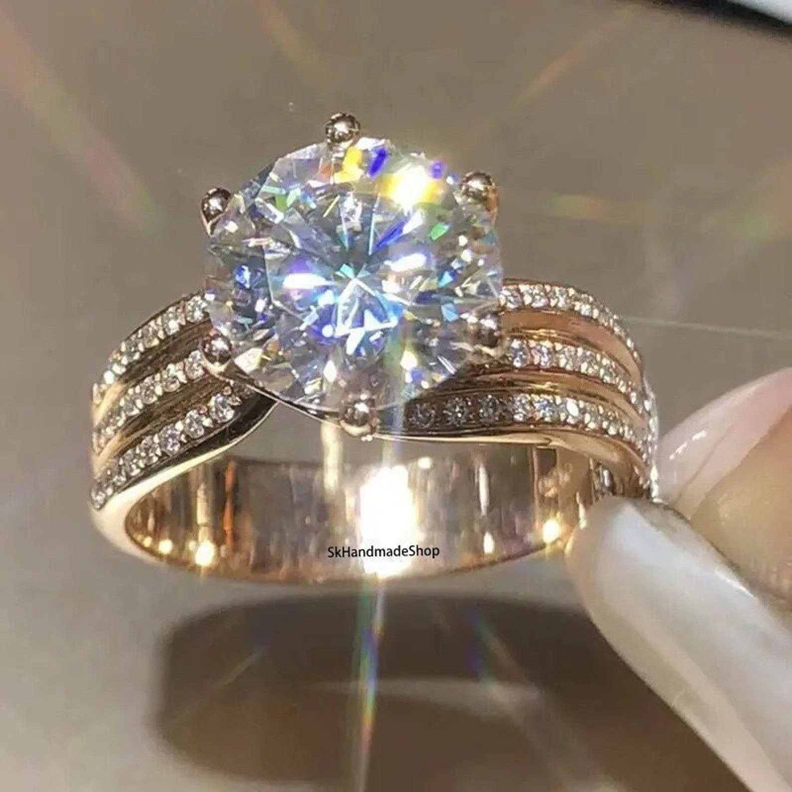 Exquisite Three Distinct Row Pave Setting Anniversary Ring, 9 MM Round ...