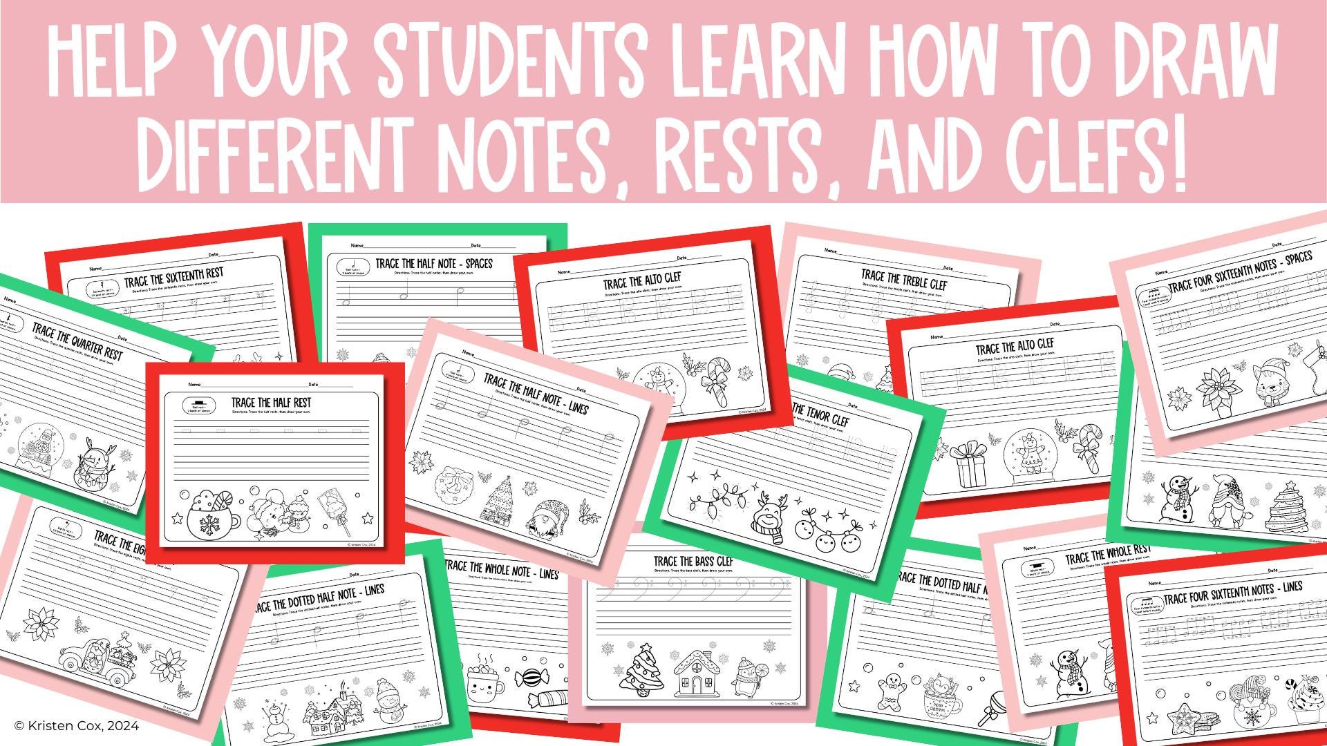 Elementary Music Tracing and Coloring Notes, Rests, Clefs Christmas ...