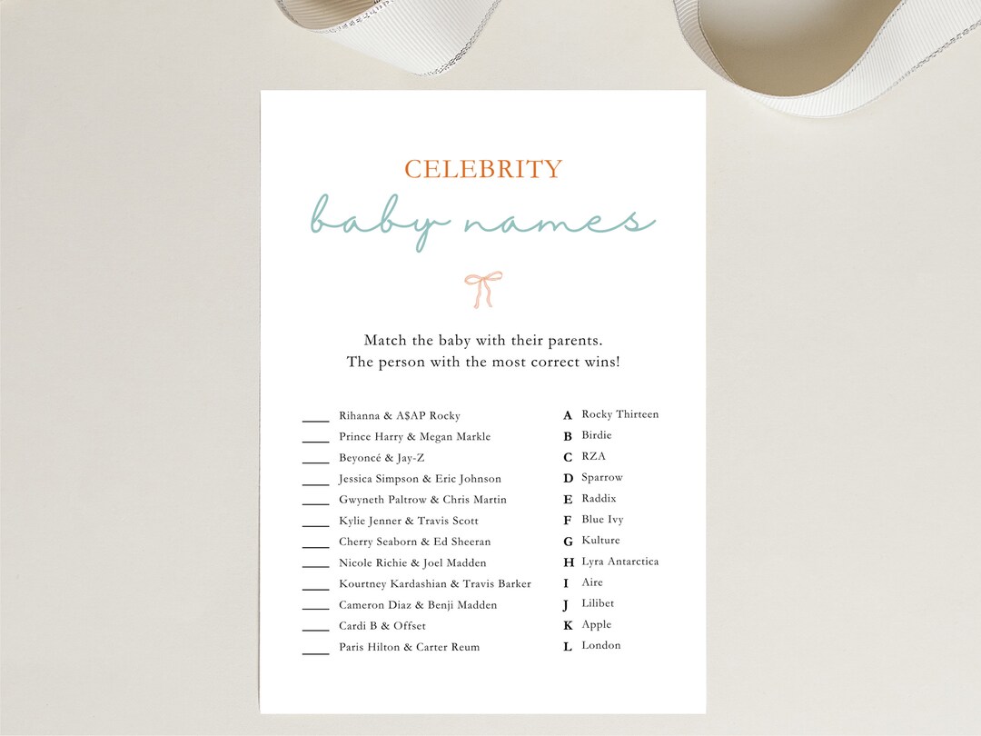 Celebrity Baby Name Shower Game Famous Baby Name Matching Game Baby ...