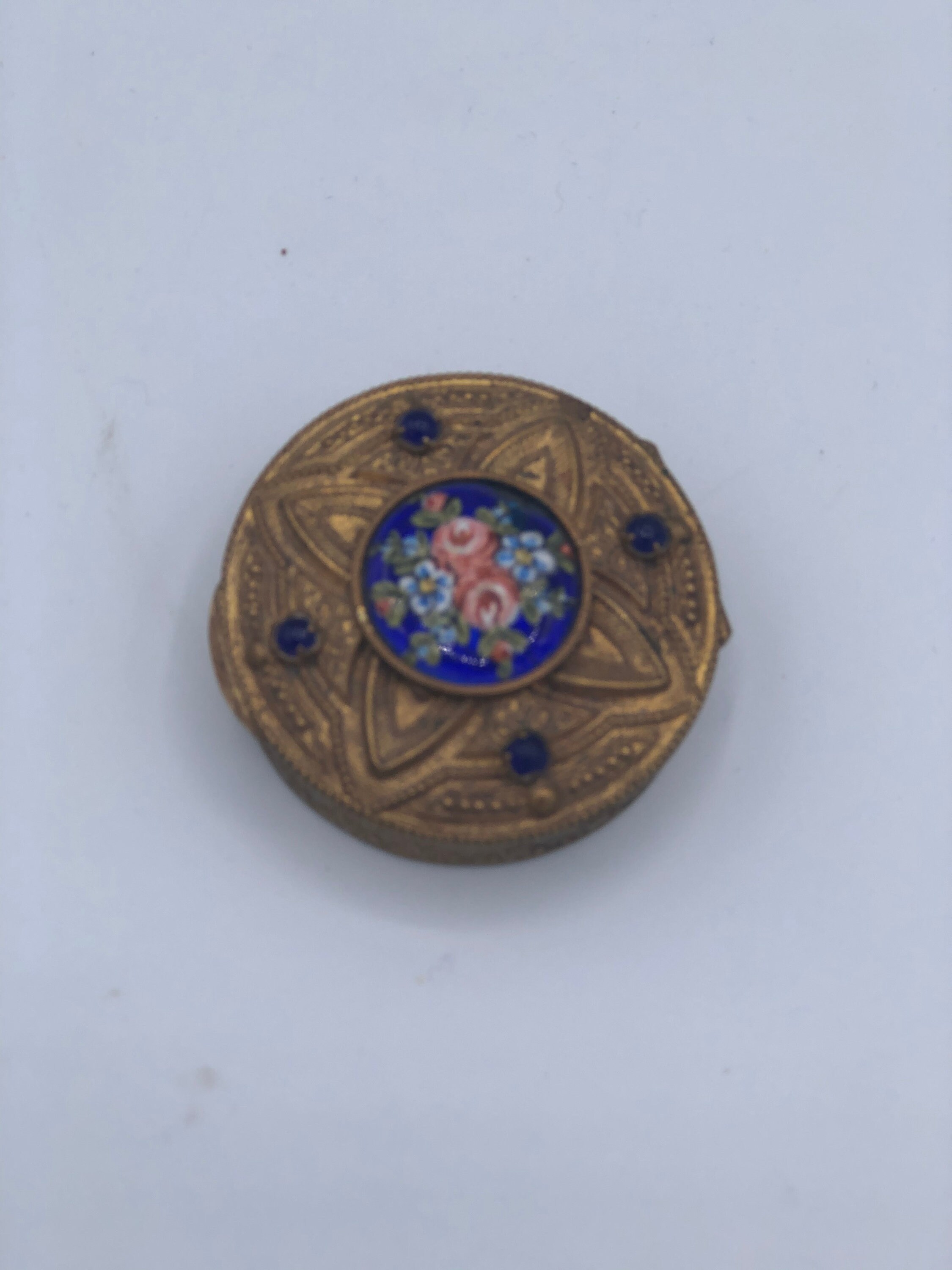 Vintage Ladies Compact W/ Blue Jewels and Enameled W/ Painted Flowers ...