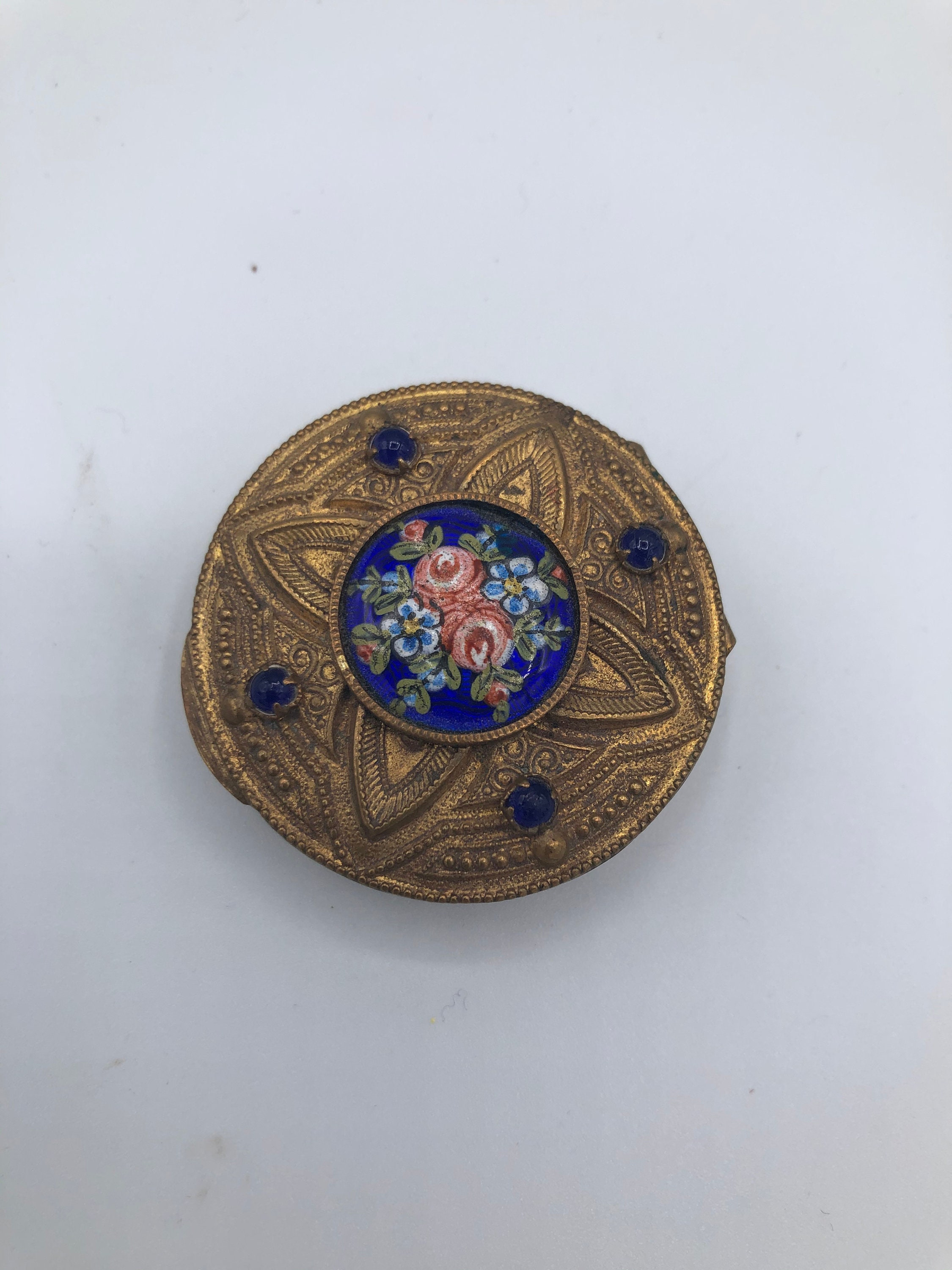 Vintage Ladies Compact W/ Blue Jewels and Enameled W/ Painted Flowers ...