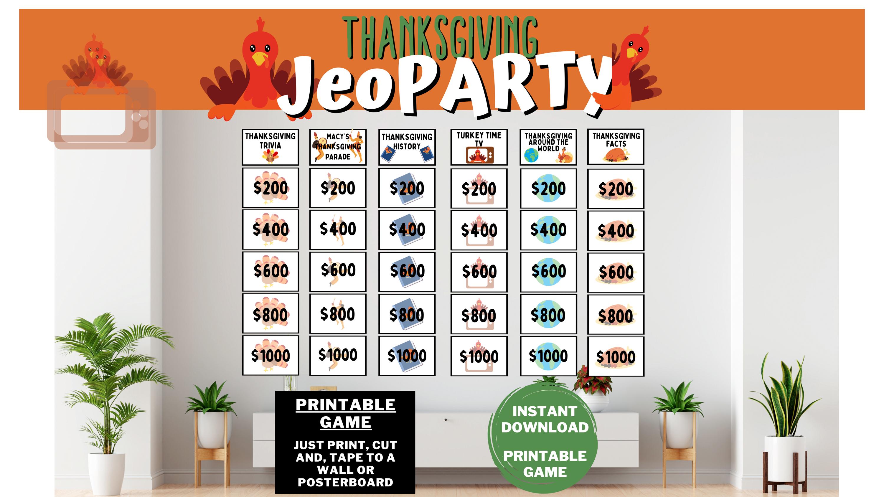Thanksgiving Jeopardy Game: Large Printable Family Activity - Wall or ...