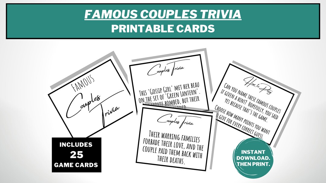 Famous Couples Trivia Game: Bridal Shower & Date Night (printable PDF ...