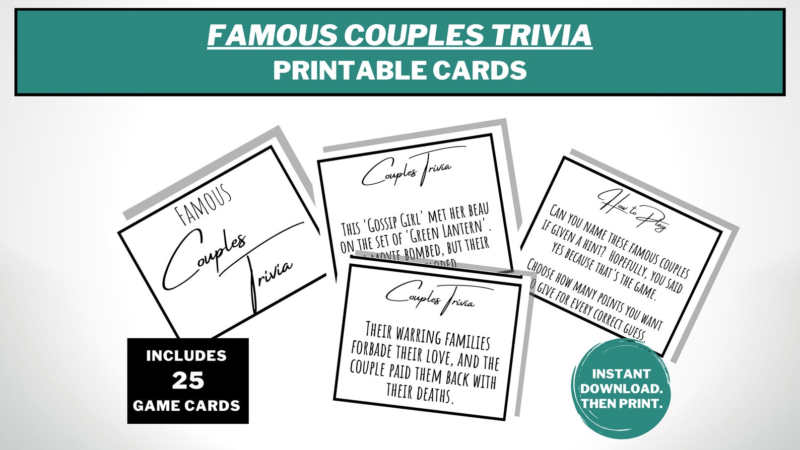 Famous Couples Trivia - Printable Game - 25 Rounds - Instant Download ...