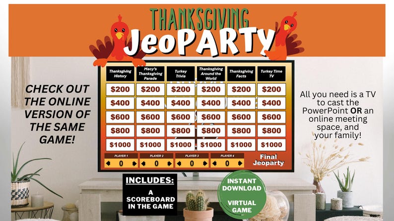 Thanksgiving Jeopardy Game: Large Printable Family Activity - Wall or ...