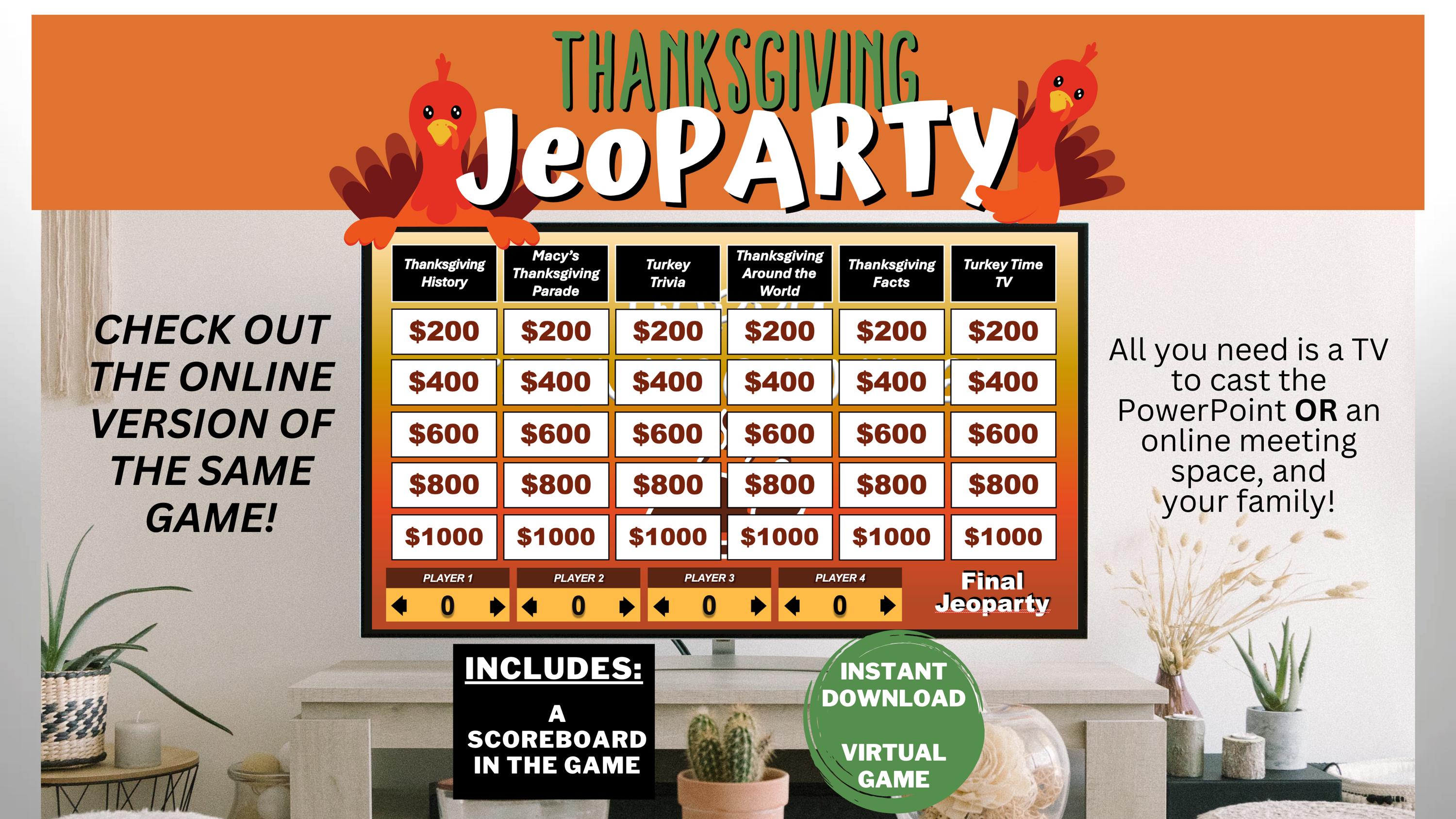 Thanksgiving Jeopardy Game: Large Printable Family Activity - Wall or ...