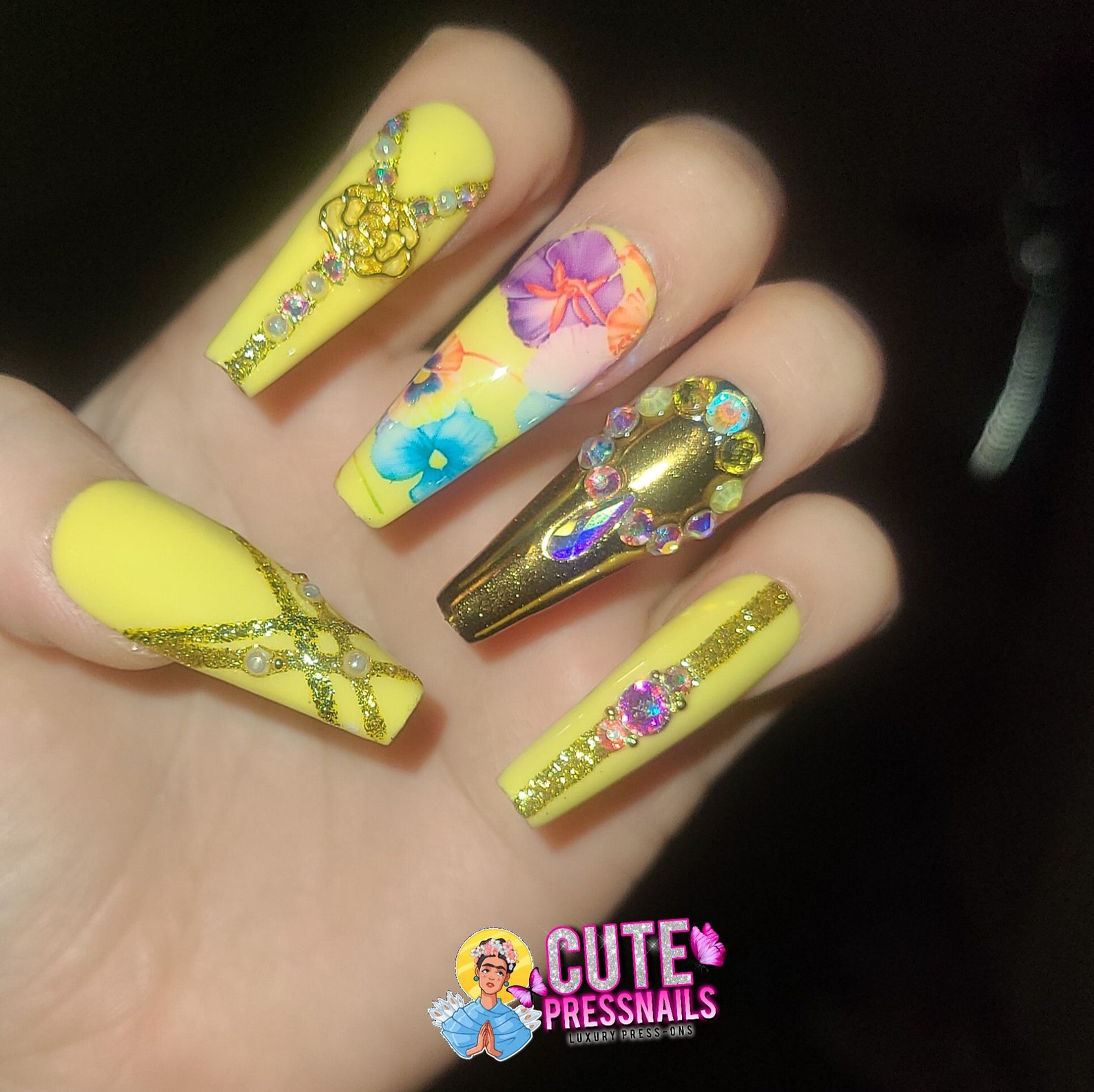 Yellow • Press on Nails|reusable Nails| FLOWER NAILS | Gel Acrylic ...