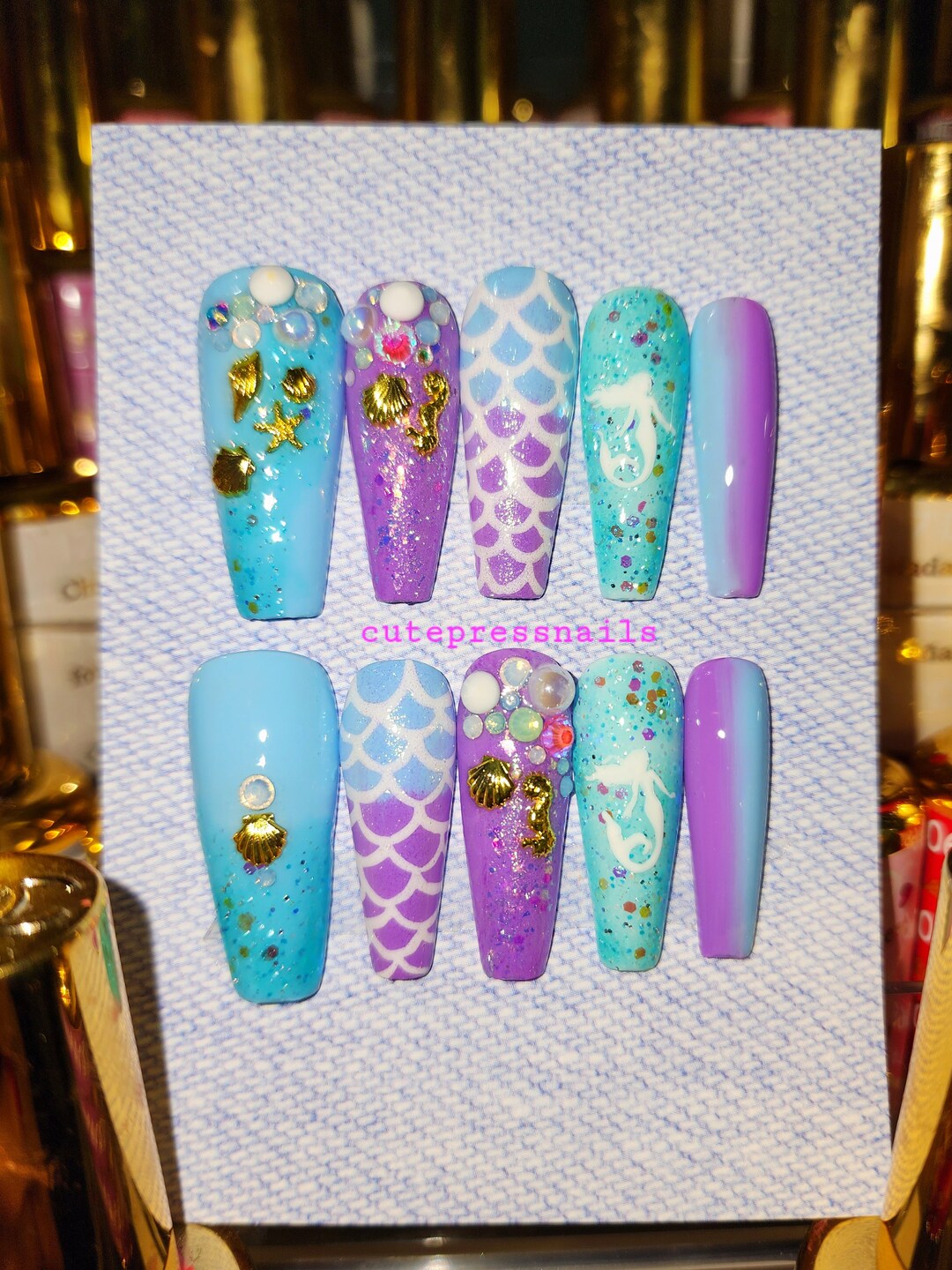 Purple Blue Ocean Mermaid Shell Press on Nails | Mermaid Nails | Luxury ...