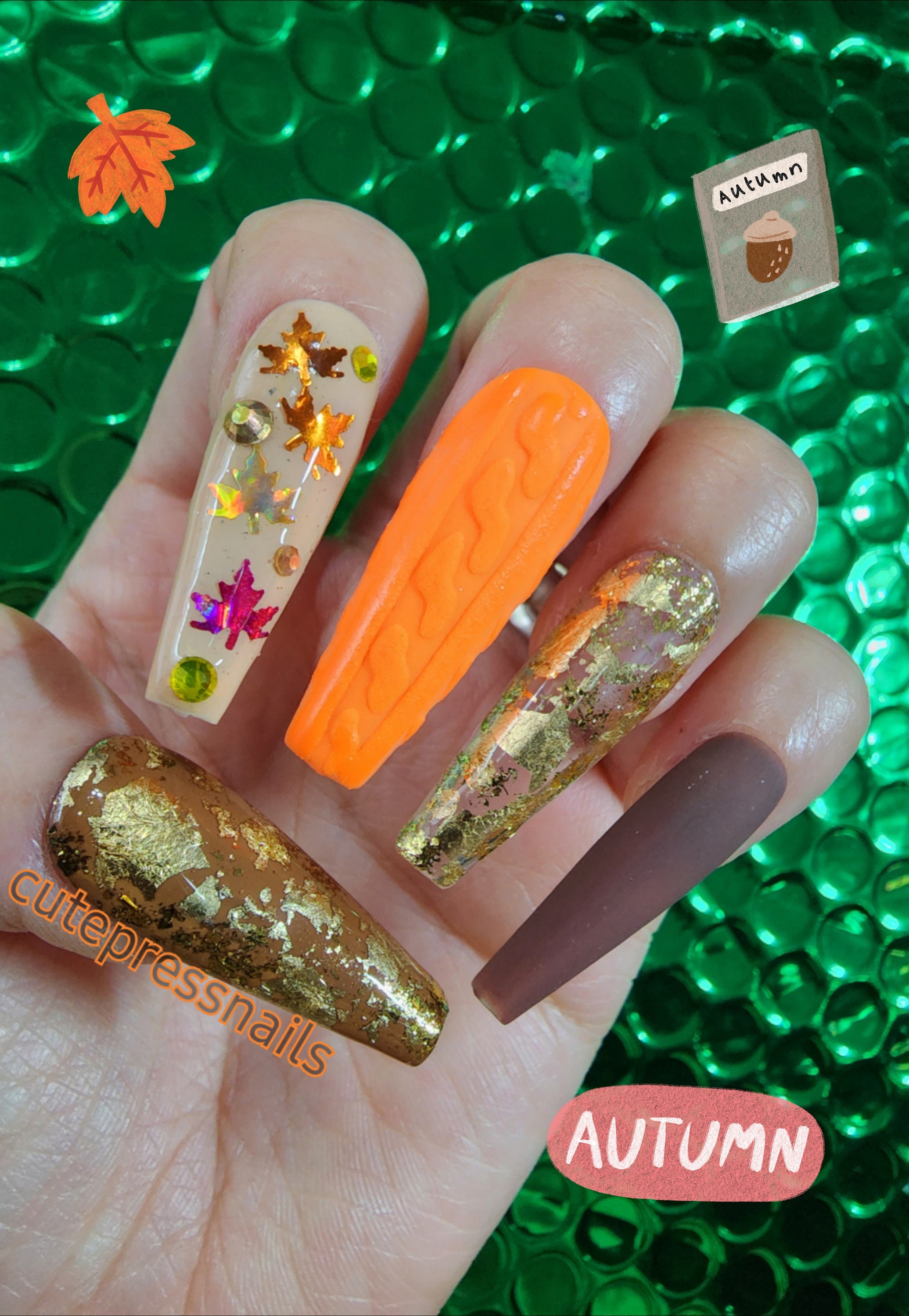 Gold Leaf Falls Press on Nails Falls Nails Autumn Nails Pumpkin Nails Leaf Nails Brown Nails Orange Nails Sweather Nails Etsy