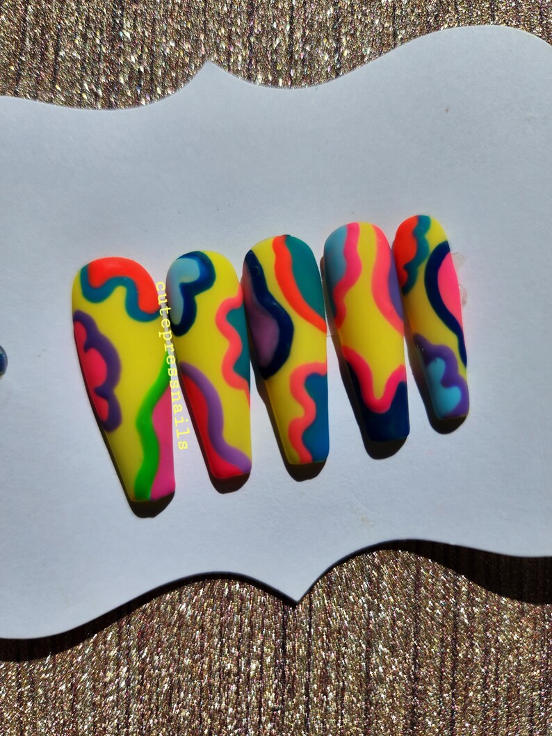 Swirl Rainbow Press on Nails | Comic Press Ons | Colorful Nails | Drama ...