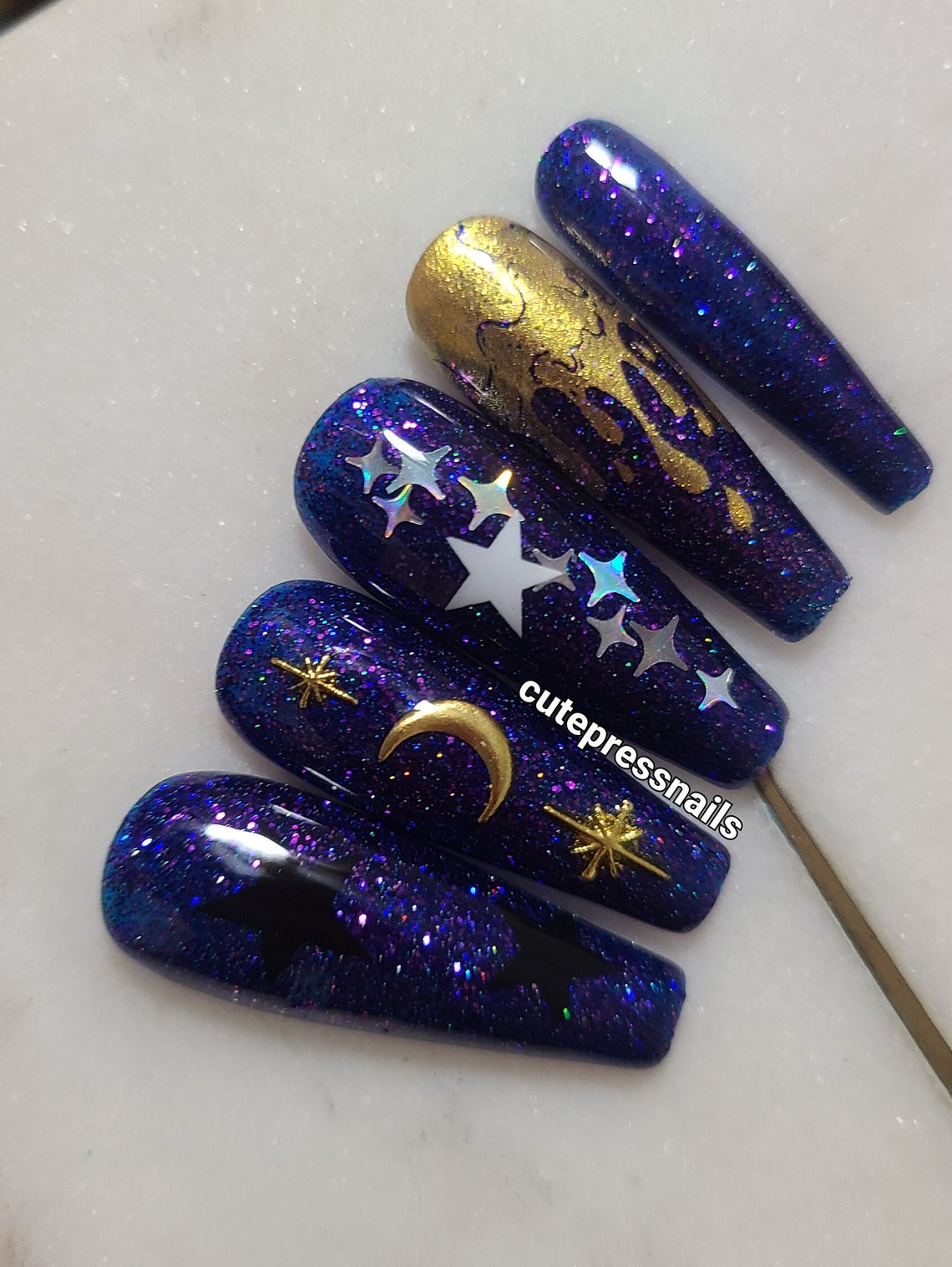 Purple Blue Moon and Stars Press on Nails Gel Acrylic Nails | Etsy