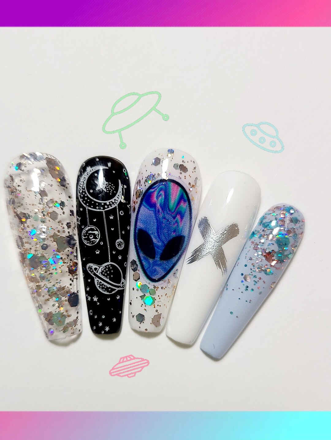 Universe Star Moon Press on Nails | Gel Acrylic Nails | Crystal Elegant ...