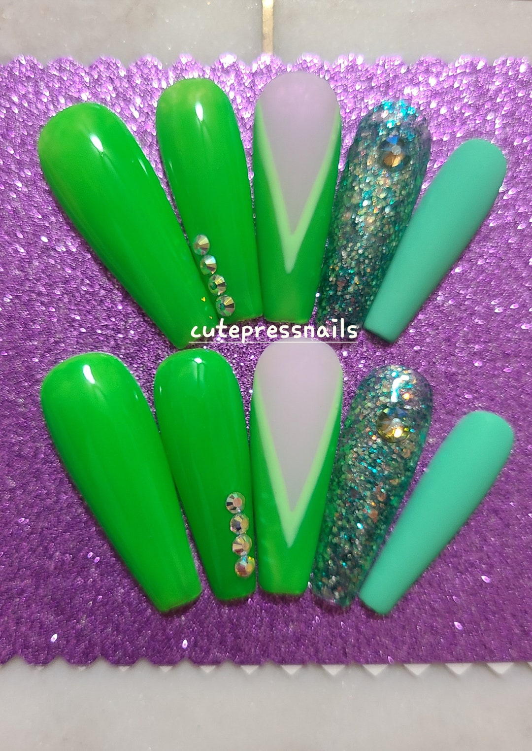 Lucky Bambooㅣneon Mix Green Glitter Press on Nails | Gel Acrylic Nails ...