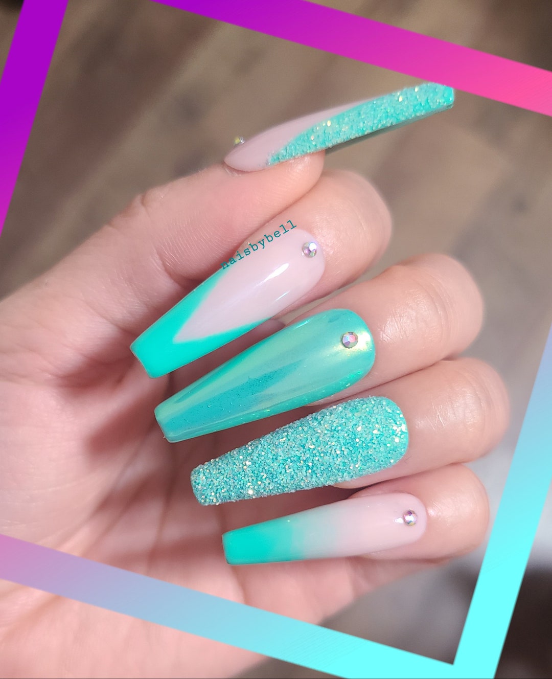 IBIZA VIBES Long Coffin Press on Nails | Gel Acrylic Nails | Crystal ...