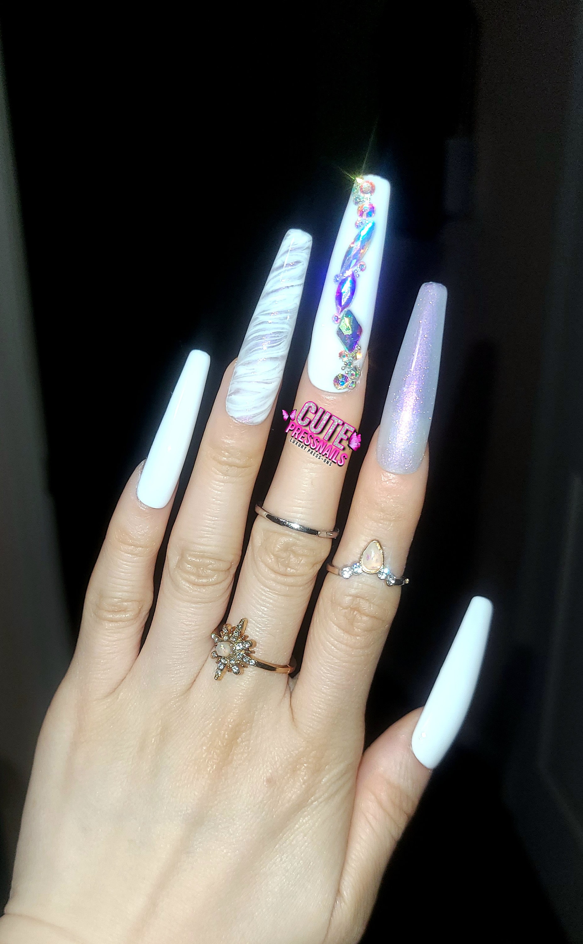 XXL WHITE MARBLE Press on Nails Gel Acrylic Nails Crystal - Etsy