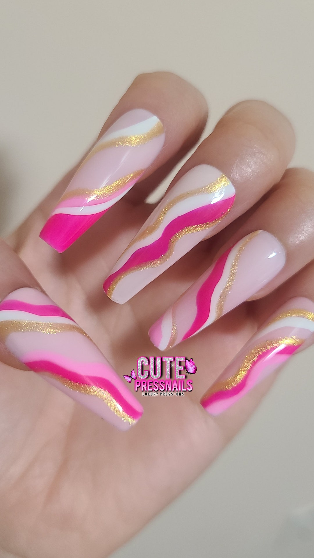 PINK Swirlㅣmodern Pink Line Press on Nails | Gel Acrylic Nails ...