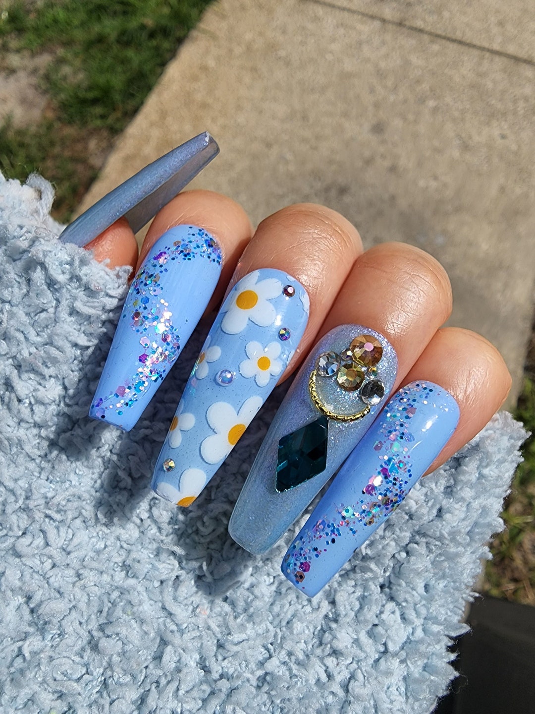 Blue Bling Long Luxury Press on Nails | Flower Nails | Baby Blue Nails ...