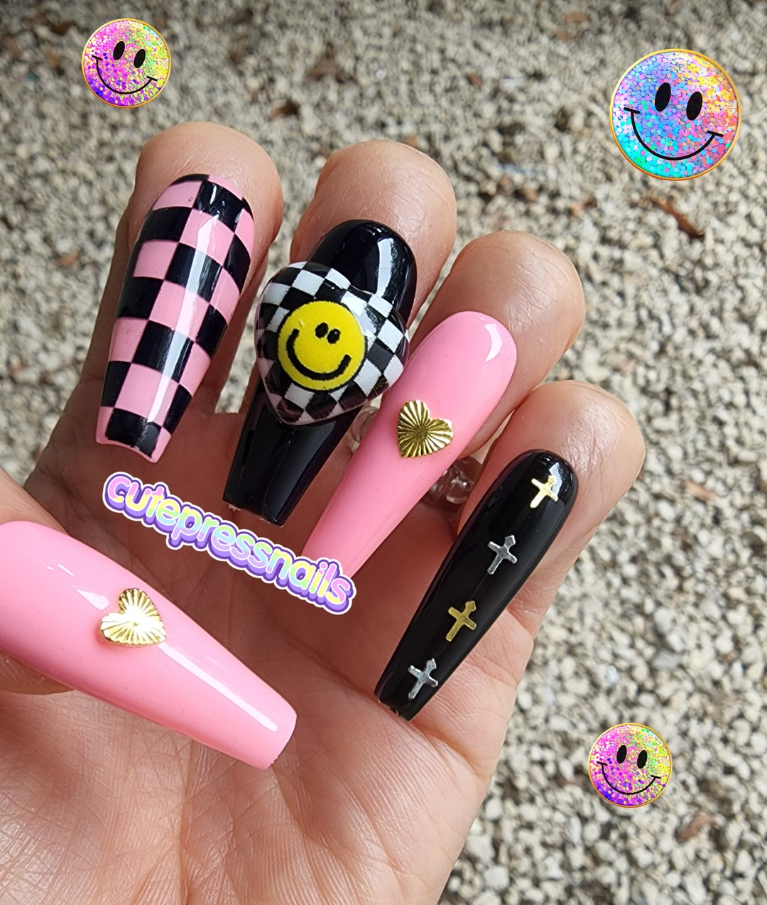 Y2k Pink Check Smile Press on Nails - Etsy