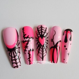 Halloween Pink Spider Web Press on Nails | Pumpkin Press on Nails ...