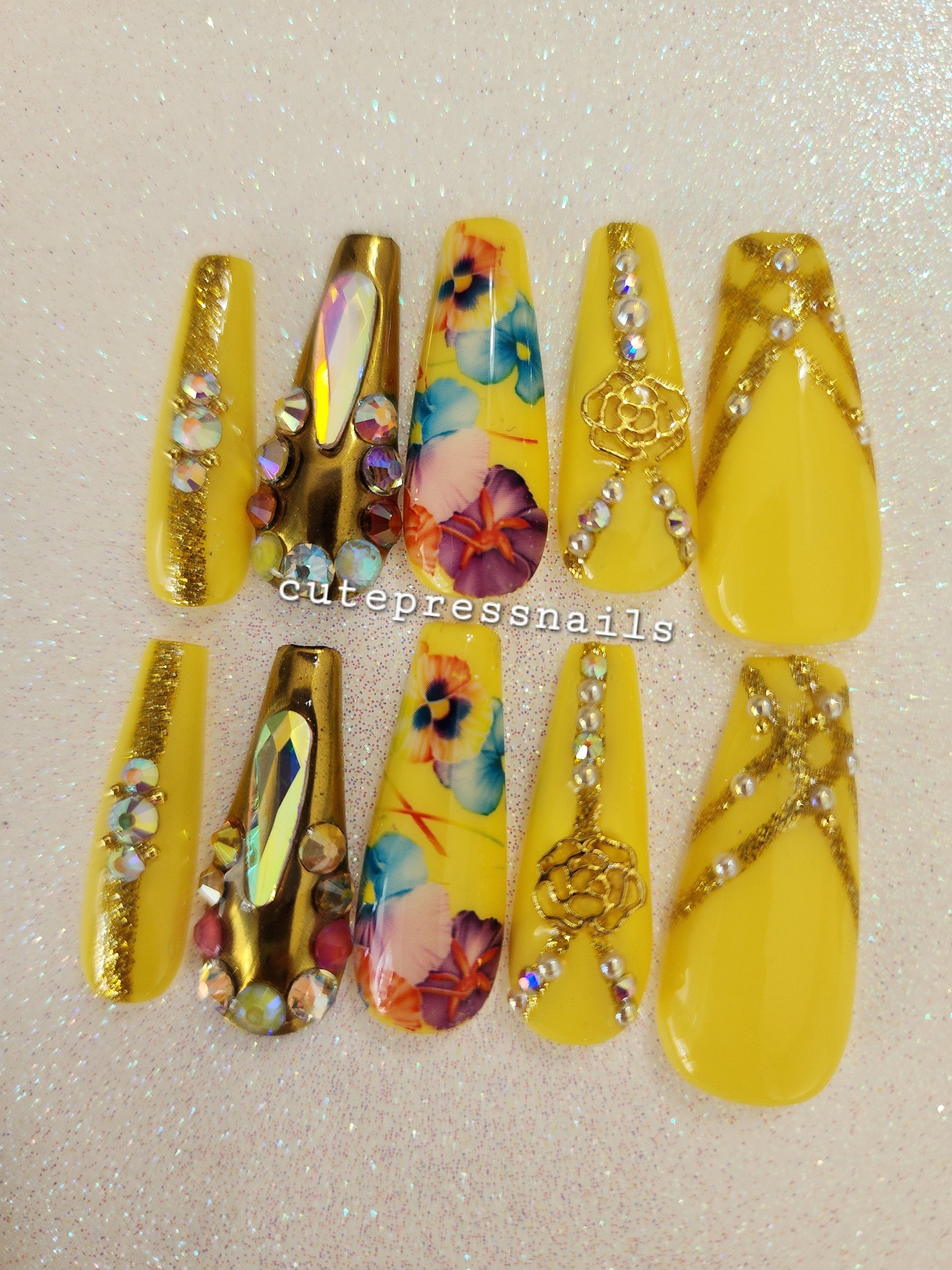 Yellow • Press on Nails|reusable Nails| FLOWER NAILS | Gel Acrylic ...