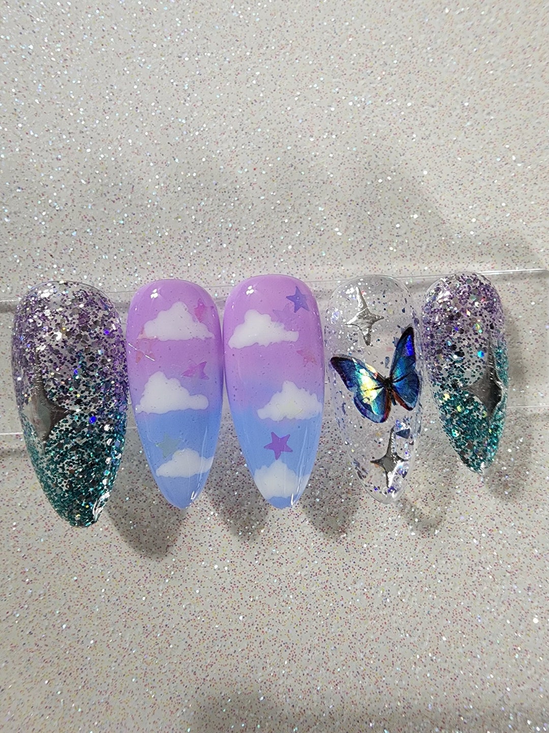 Pastal Cloud Butterfly With Glitter Press on Nails - Etsy