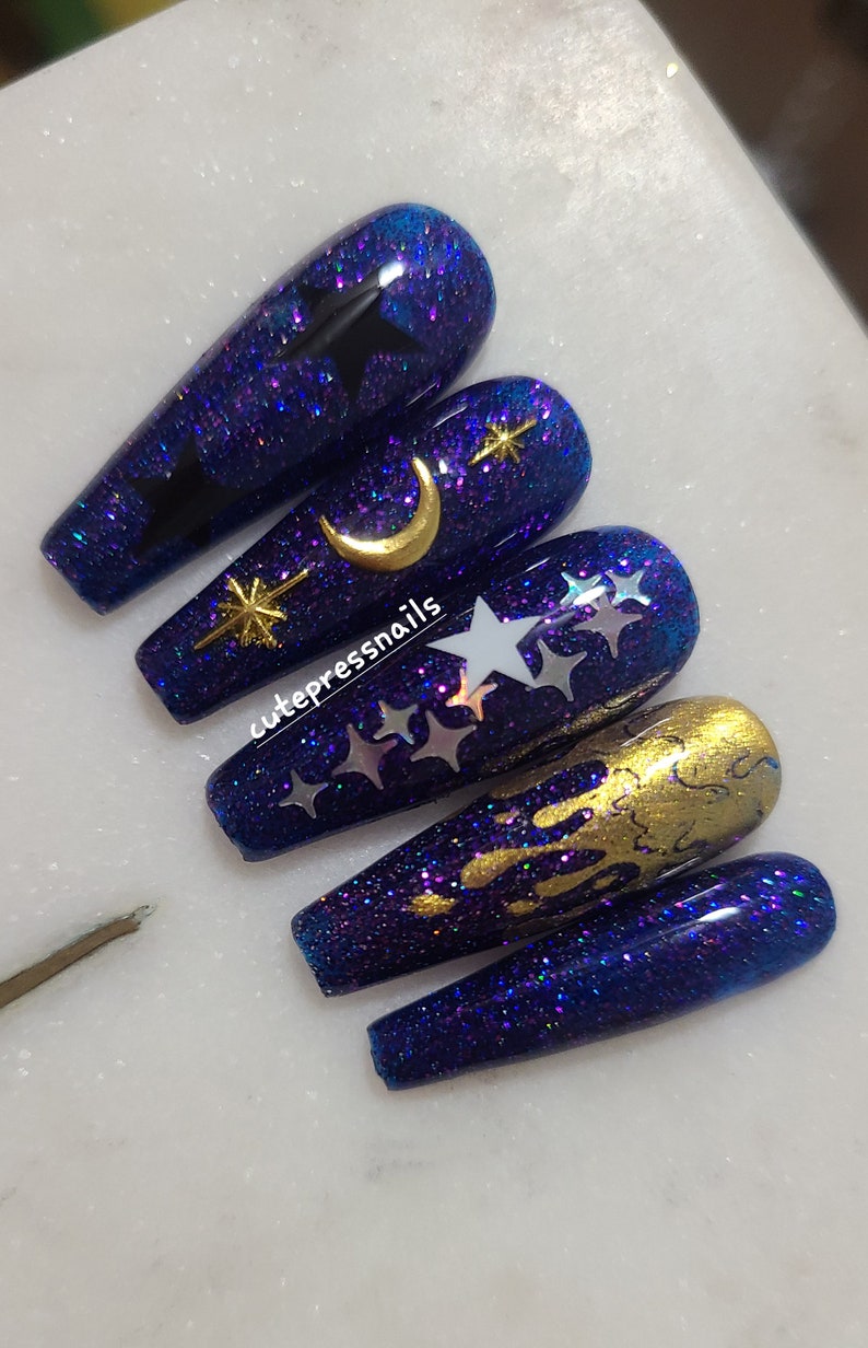 Purple Blue Moon and Stars Press on Nails Gel Acrylic Nails - Etsy